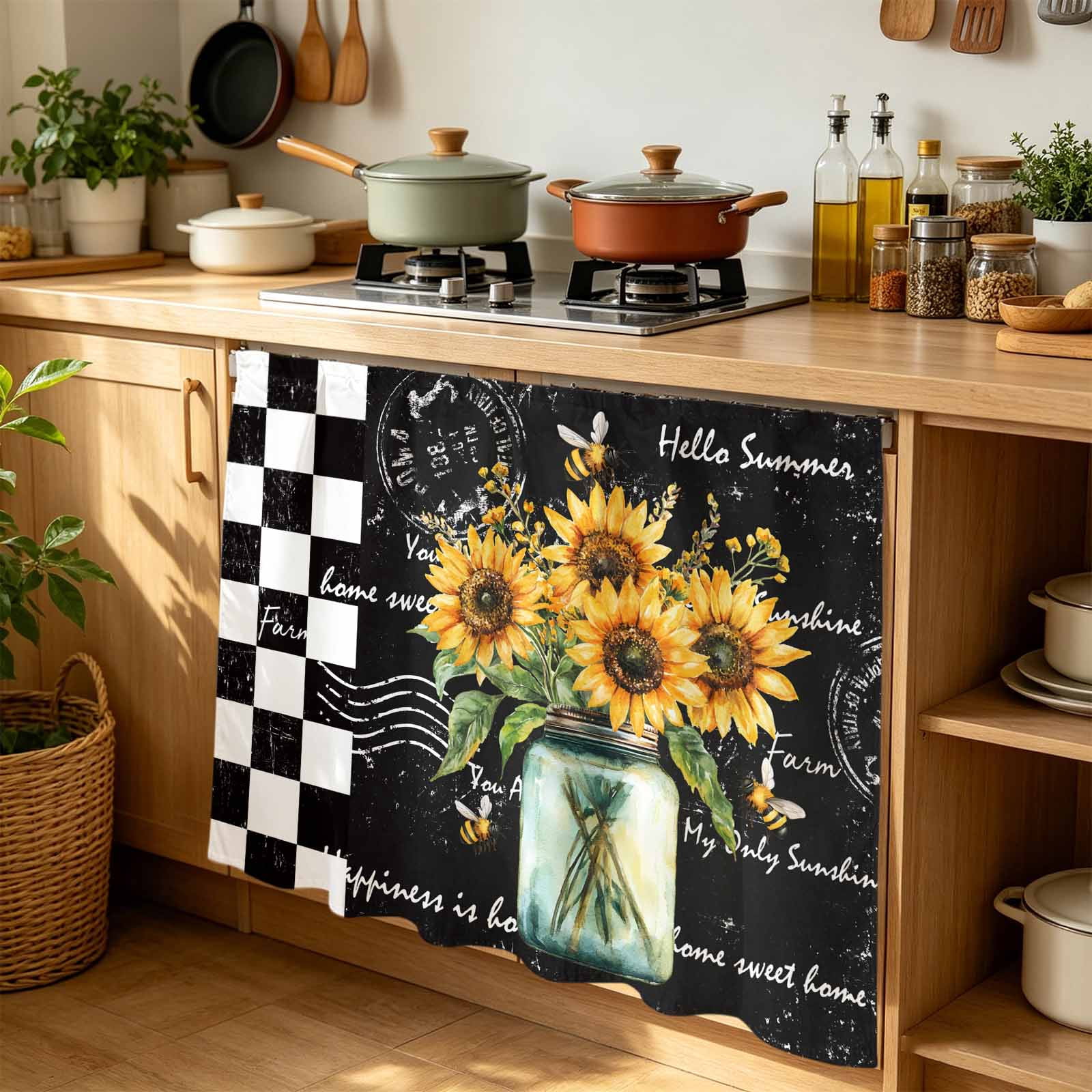 Sunflower Cabinet Curtains 35''x35'', Black White Check Farmhouse Bee ...