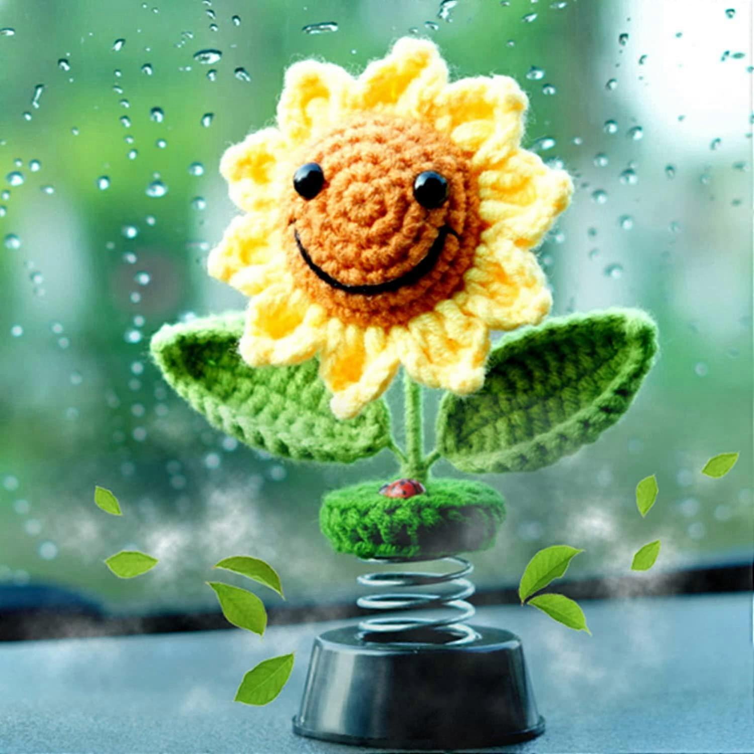 Sunflower Car Accessories Dashboard Decorations, Crochet Smiley Shaking ...