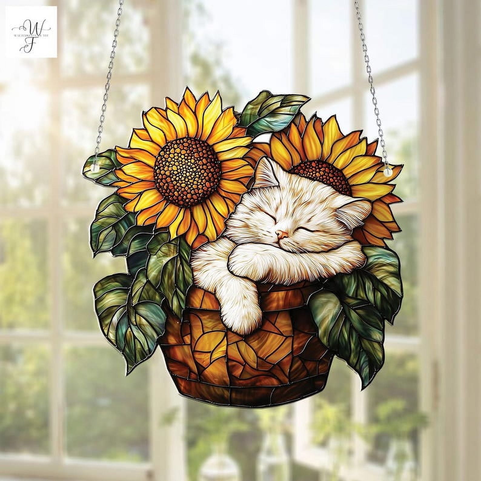 Sunflower Cat Acrylic Window Hanging, Cozy Kitty Suncatcher, Floral ...