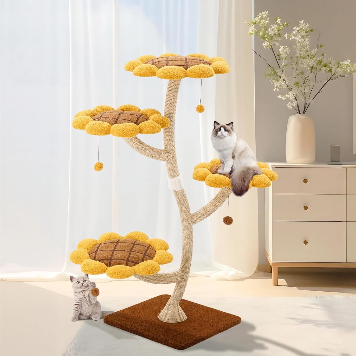 Sunflower Cat Tree 56" Tall,Modern Cat Trees for Indoor Cats with ...