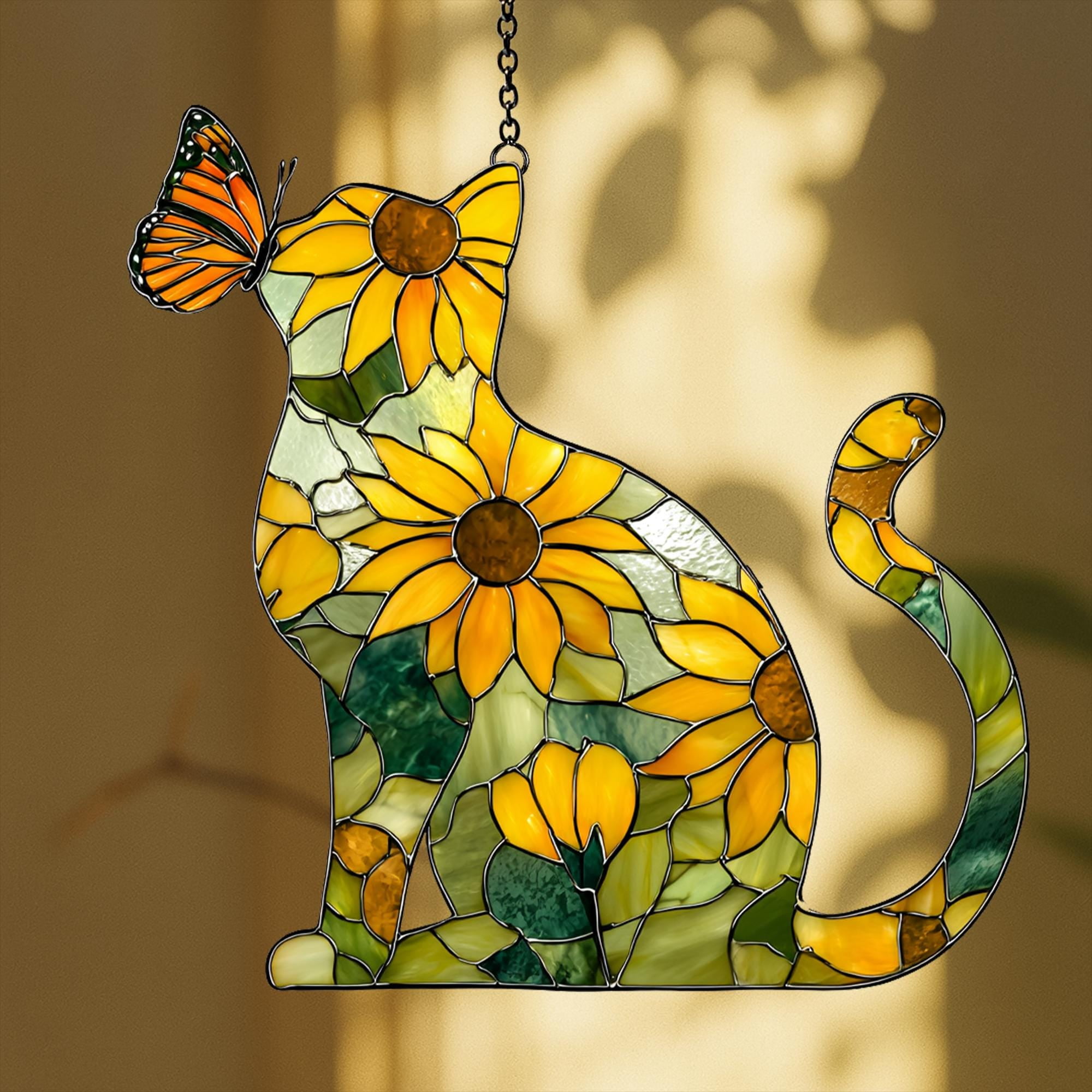 Sunflower Cat Wavy Acrylic Suncatcher, Window Hanging Decor, Floral Cat ...