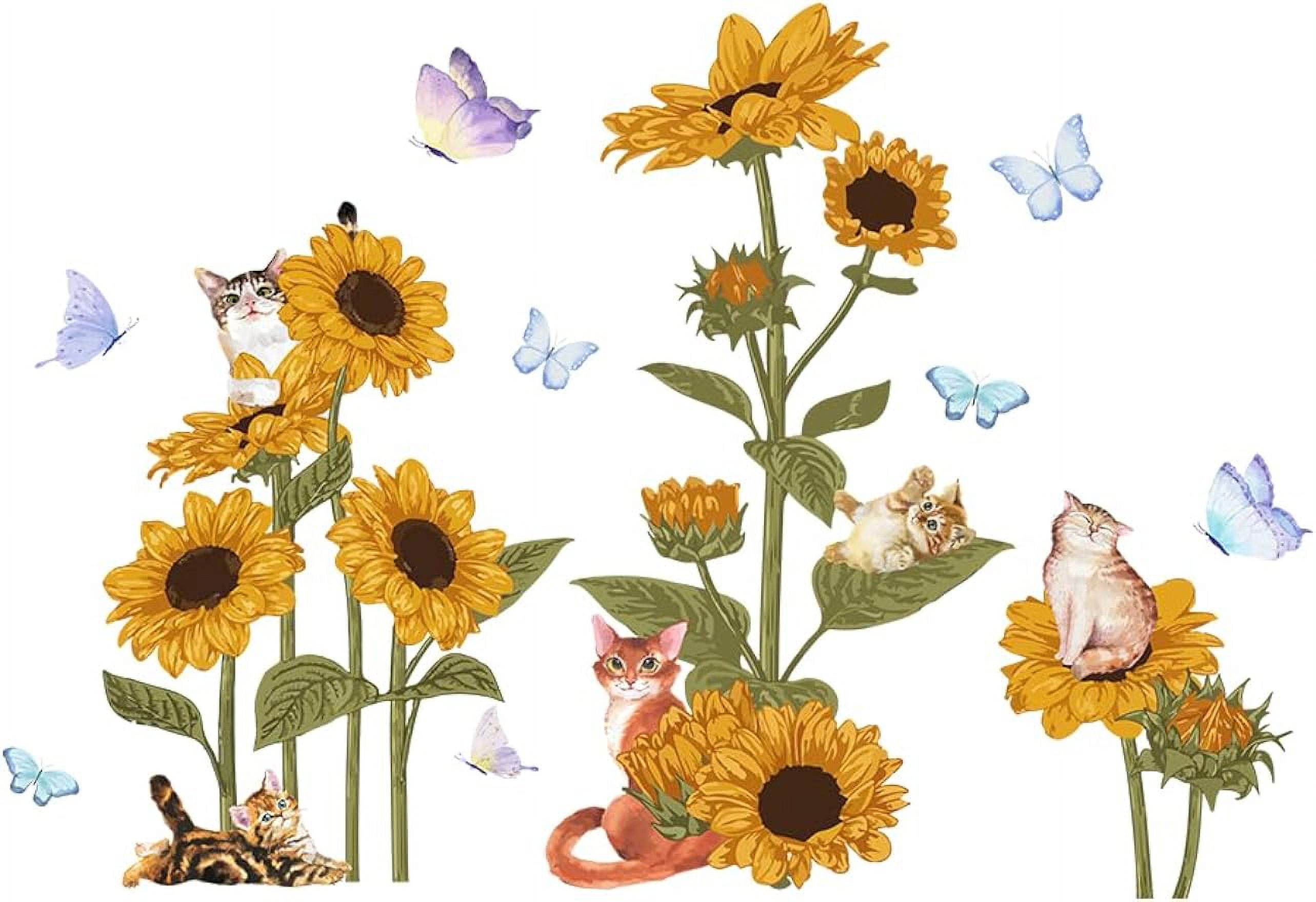Sunflower Cats Wall Stickers Gradient Butterfly Wall Decals Removable ...