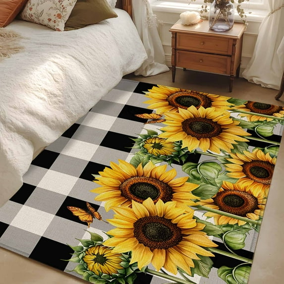 Sunflower Checkered 2.7x5 Area Rugs, Black Buffalo Plaid Pastoral ...