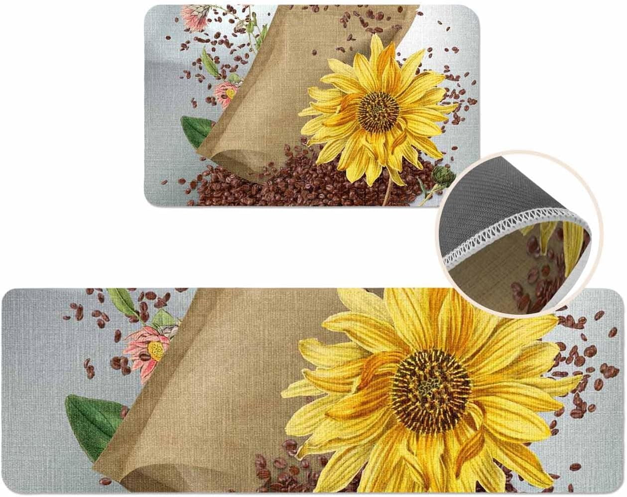 Sunflower Coffee Beans Kitchen Mat Set of 2,Anti-Fatigue Kitchen Rugs ...