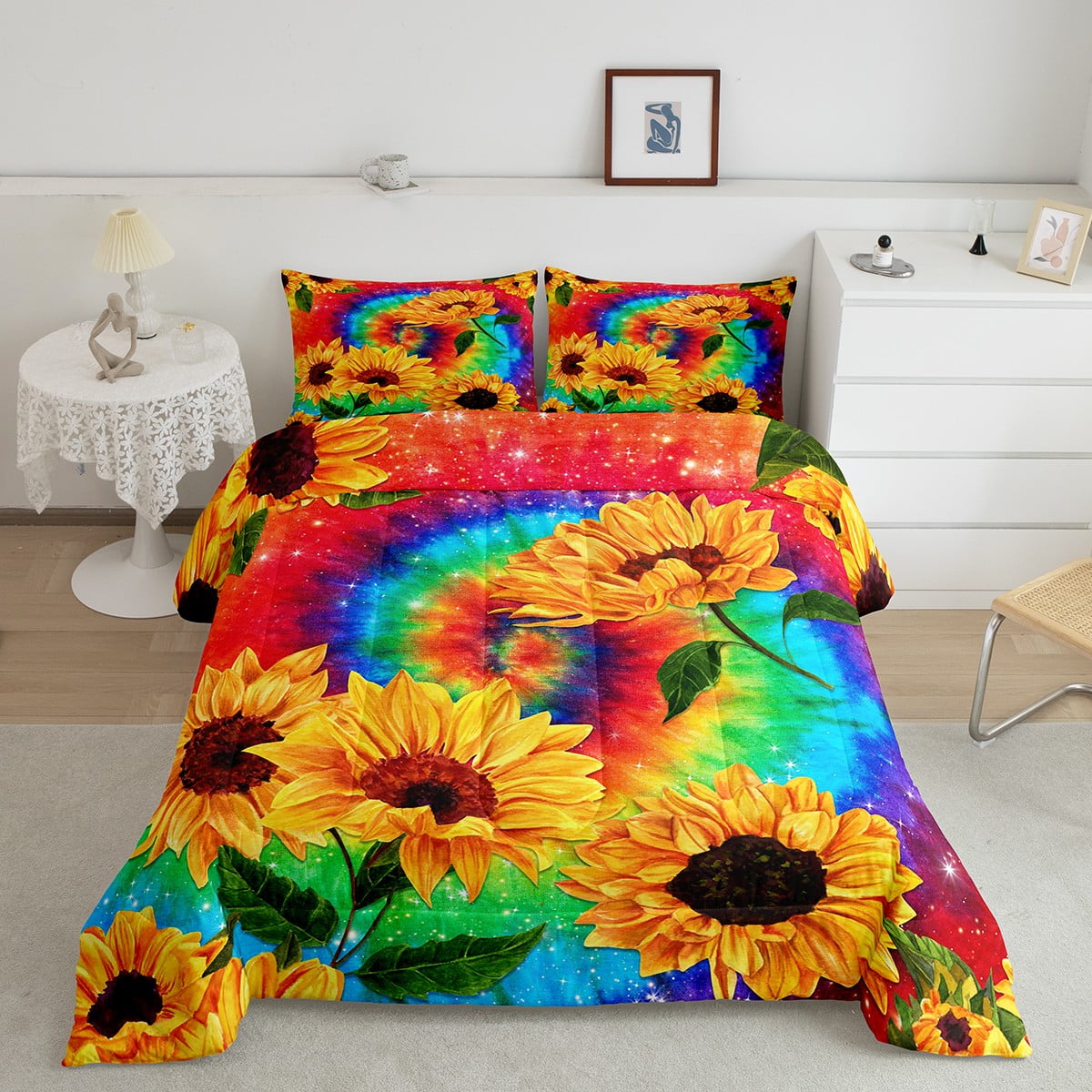 Sunflower Comforter Set Gradient Tie Dye King Bedding Set for Boys Kids ...