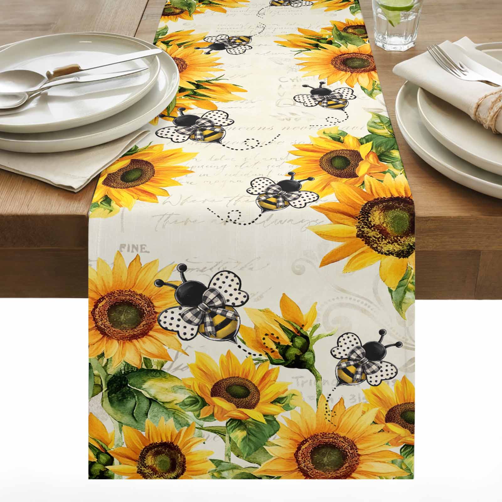 Sunflower Cotton Linen Table Runner Farmhouse Yellow Floral with Bee ...