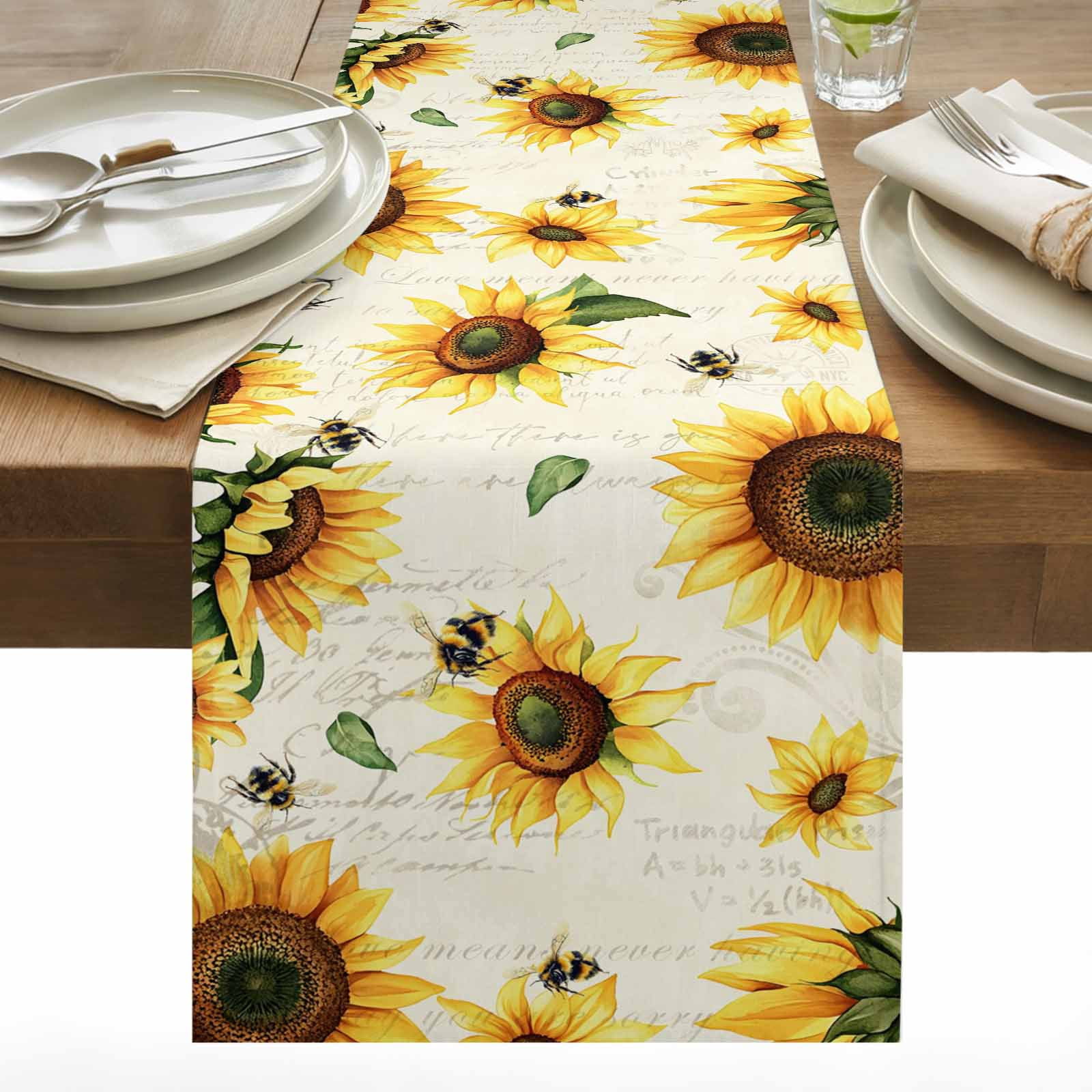 Sunflower Cotton Linen Table Runner Watercolor Spring Yellow Sunflowers ...