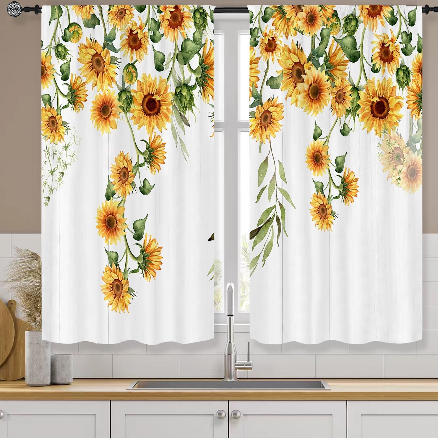 Sunflower Country Kitchen Curtains Rod Pocket Rustic Yellow Floral ...