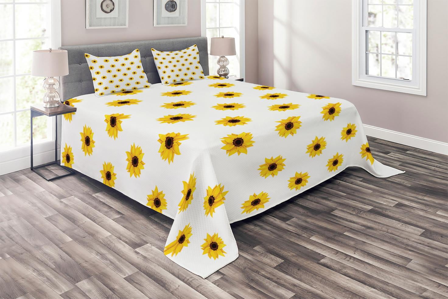 Sunflower Coverlet Set Queen Size, Sunflower Pattern on a White ...