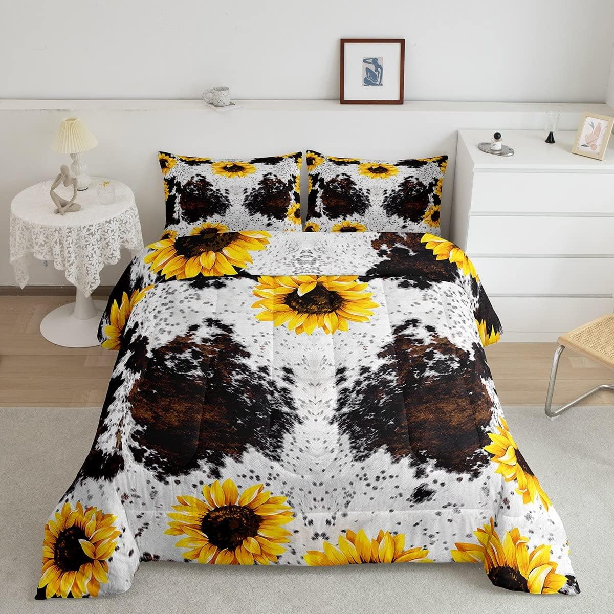 Sunflower Cow Comforter Set for Cabin Decor, Highland Cow Animal Bedding Set, Yellow Floral ...