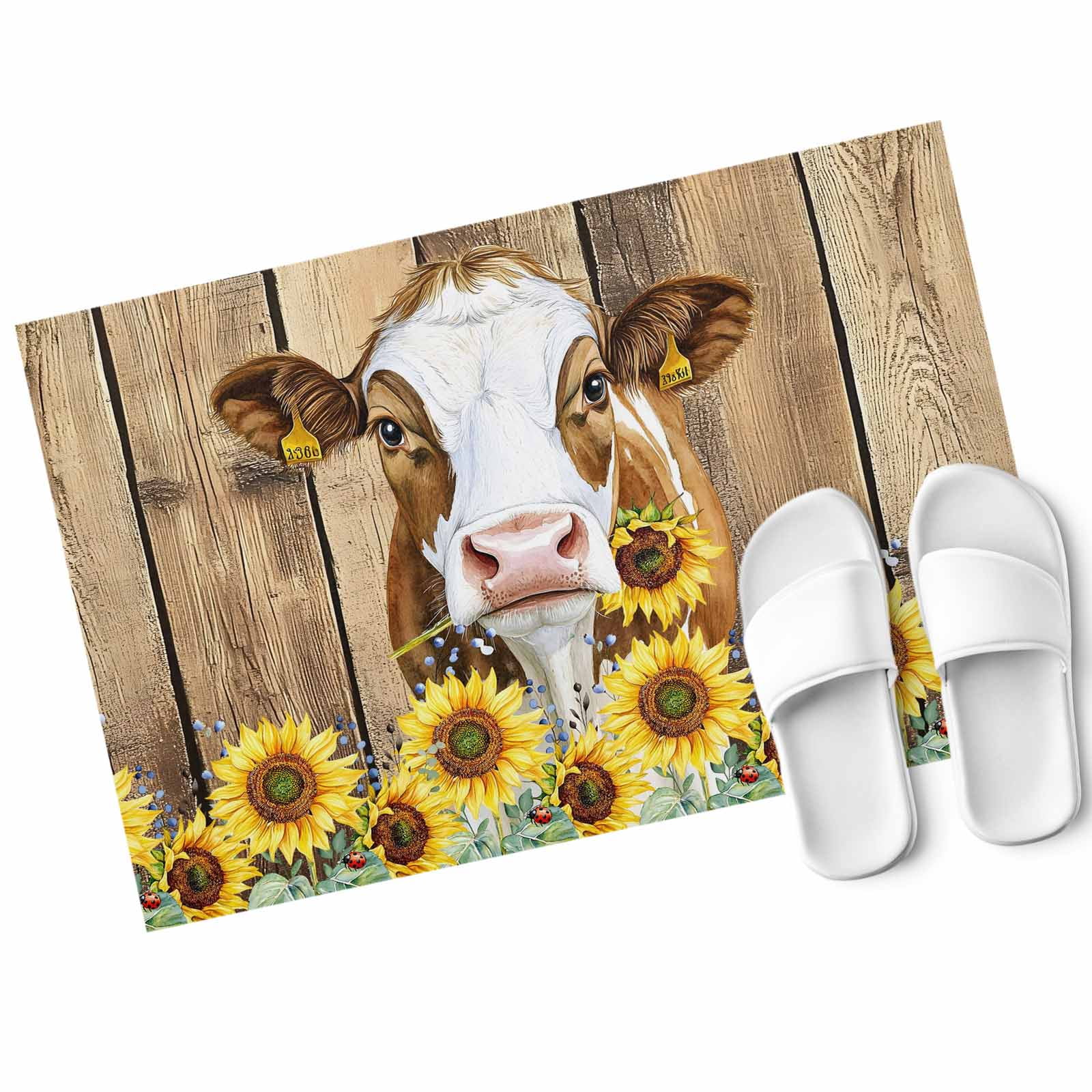 Sunflower Cow Door Mat Plant Farm Flower Non Slip Absorbent Entrance ...