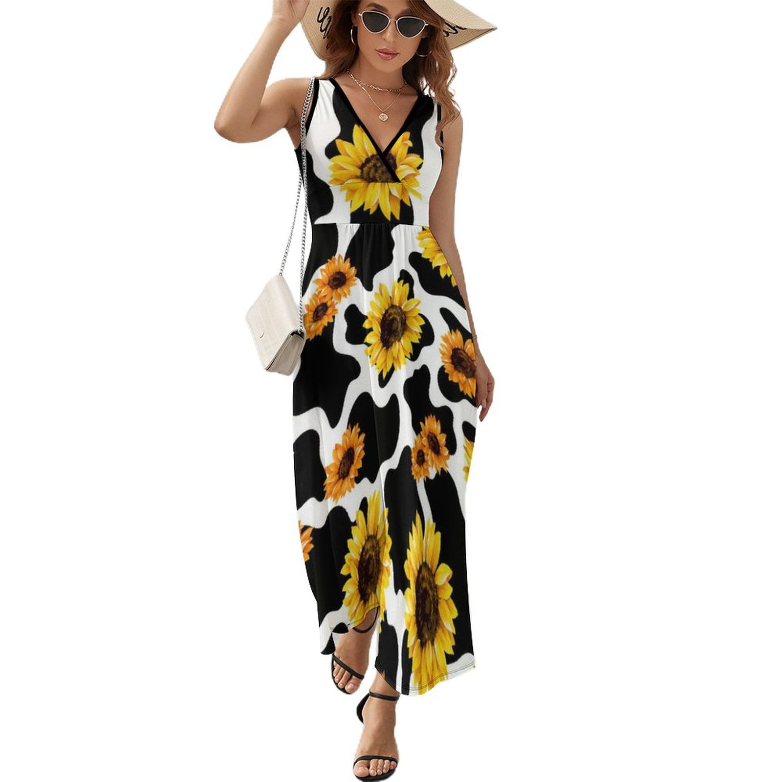 Sunflower Cow Pattern Dress Elegant Maxi Dress Street Wear Boho Beach ...