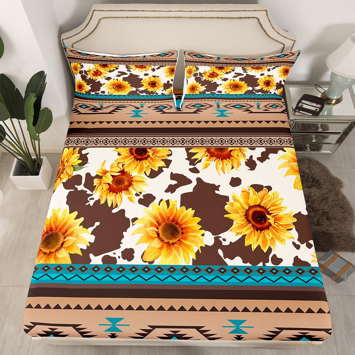 Sunflower Cow Print Bed Sheets Western Cowhide Fitted Sheet Queen ...