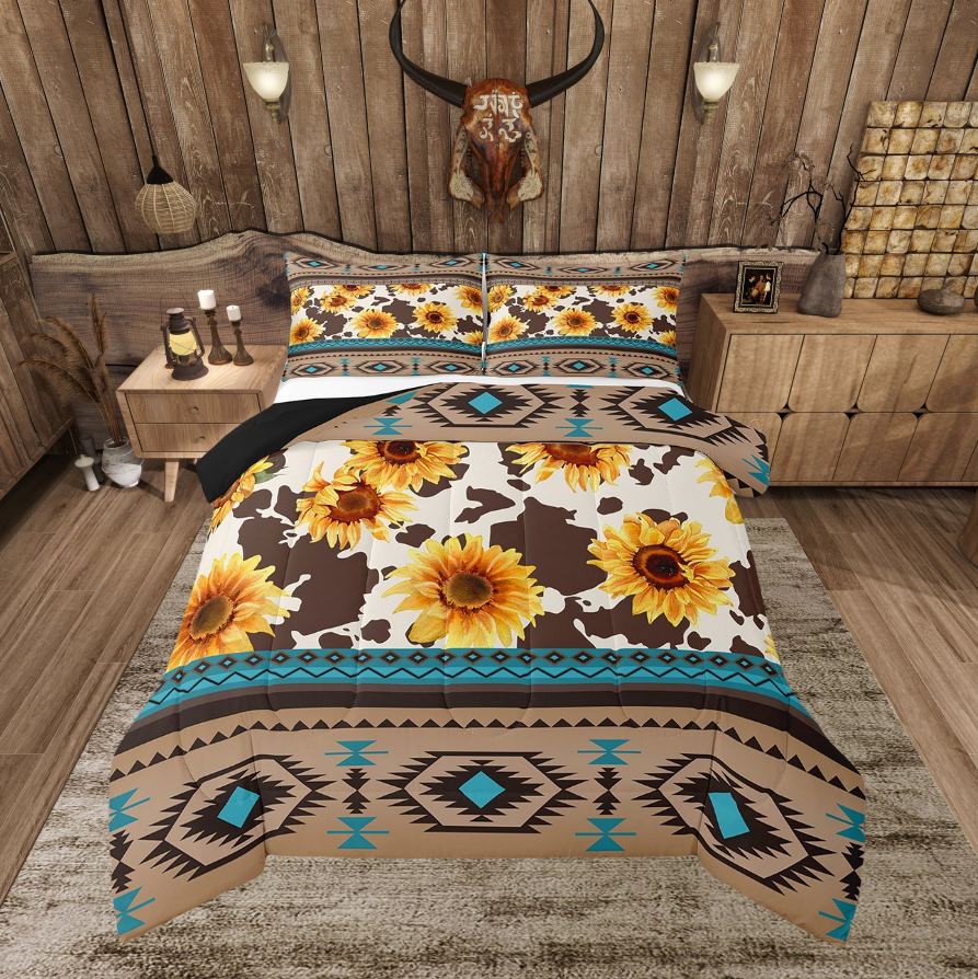 Sunflower Cow Print Bedding Set Western Cowhide Comforter Set Queen ...