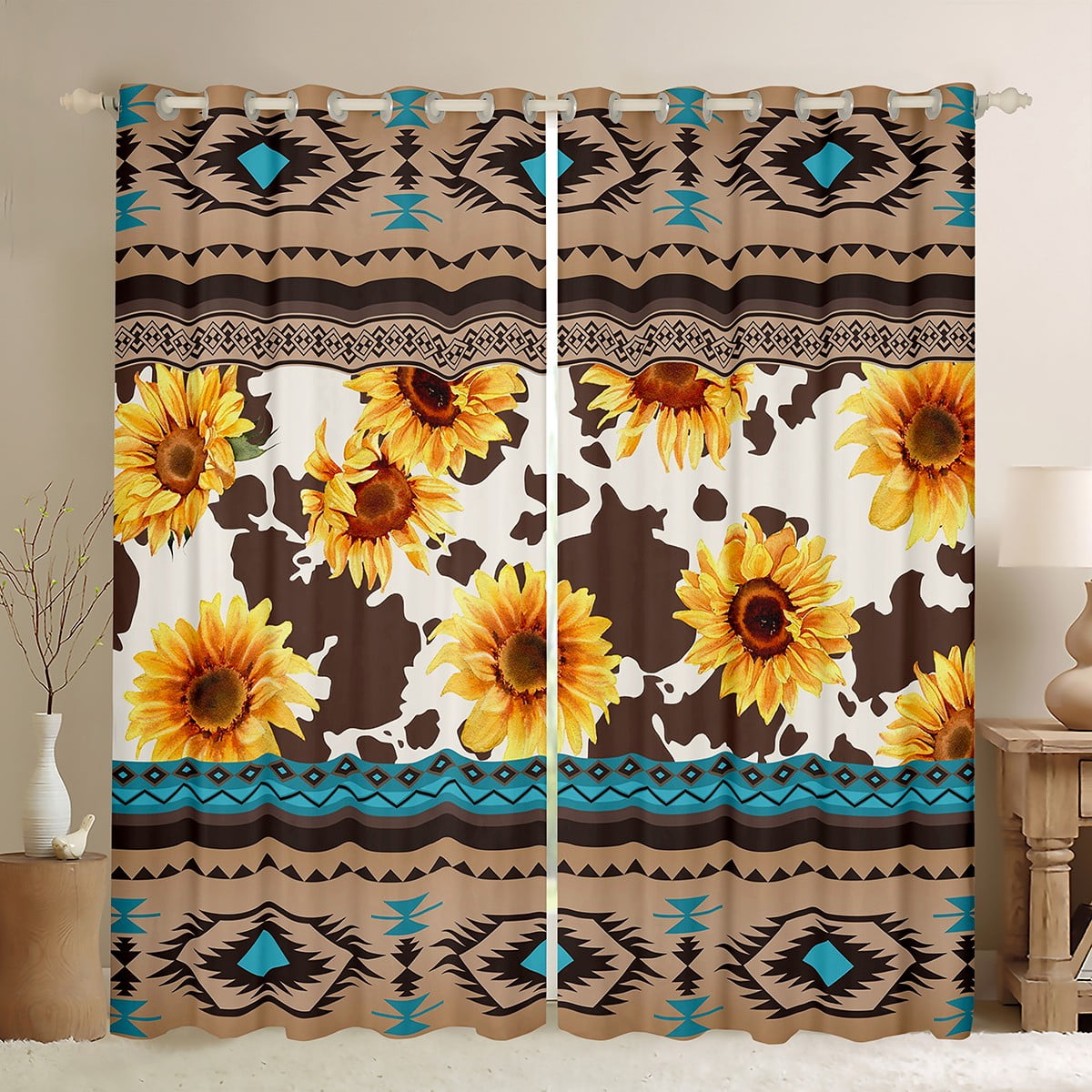 Sunflower Cow Print 30%-50% Blackout Curtains Western Cowhide Curtains ...