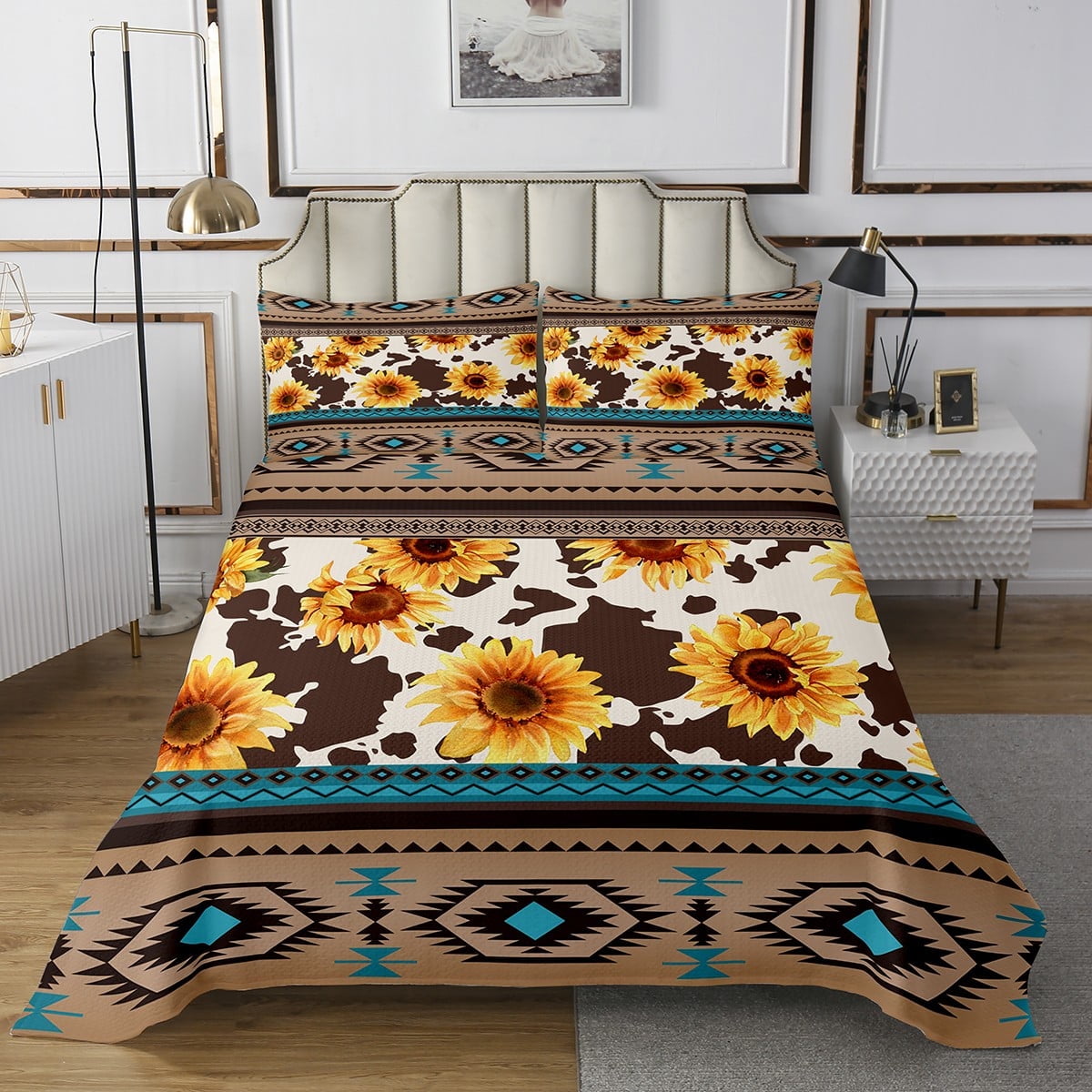 Sunflower Cow Print Quilt Set Western Cowhide Bedspread Set Queen ...