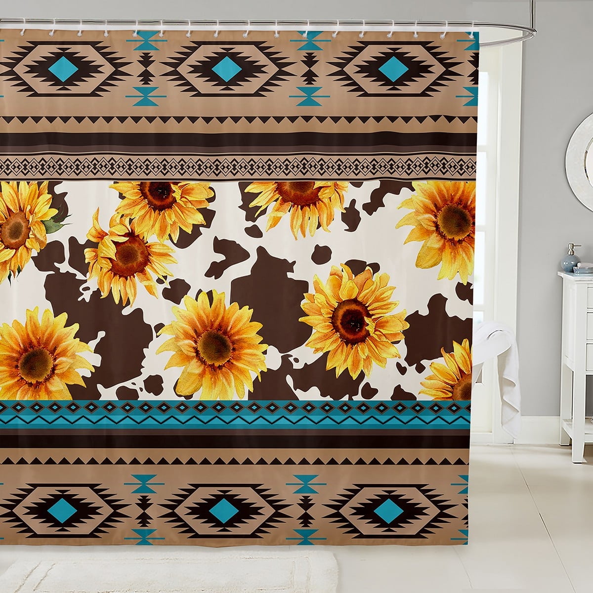 Sunflower Cow Print Shower Curtain Western Cowhide Bathroom Curtain 72 ...
