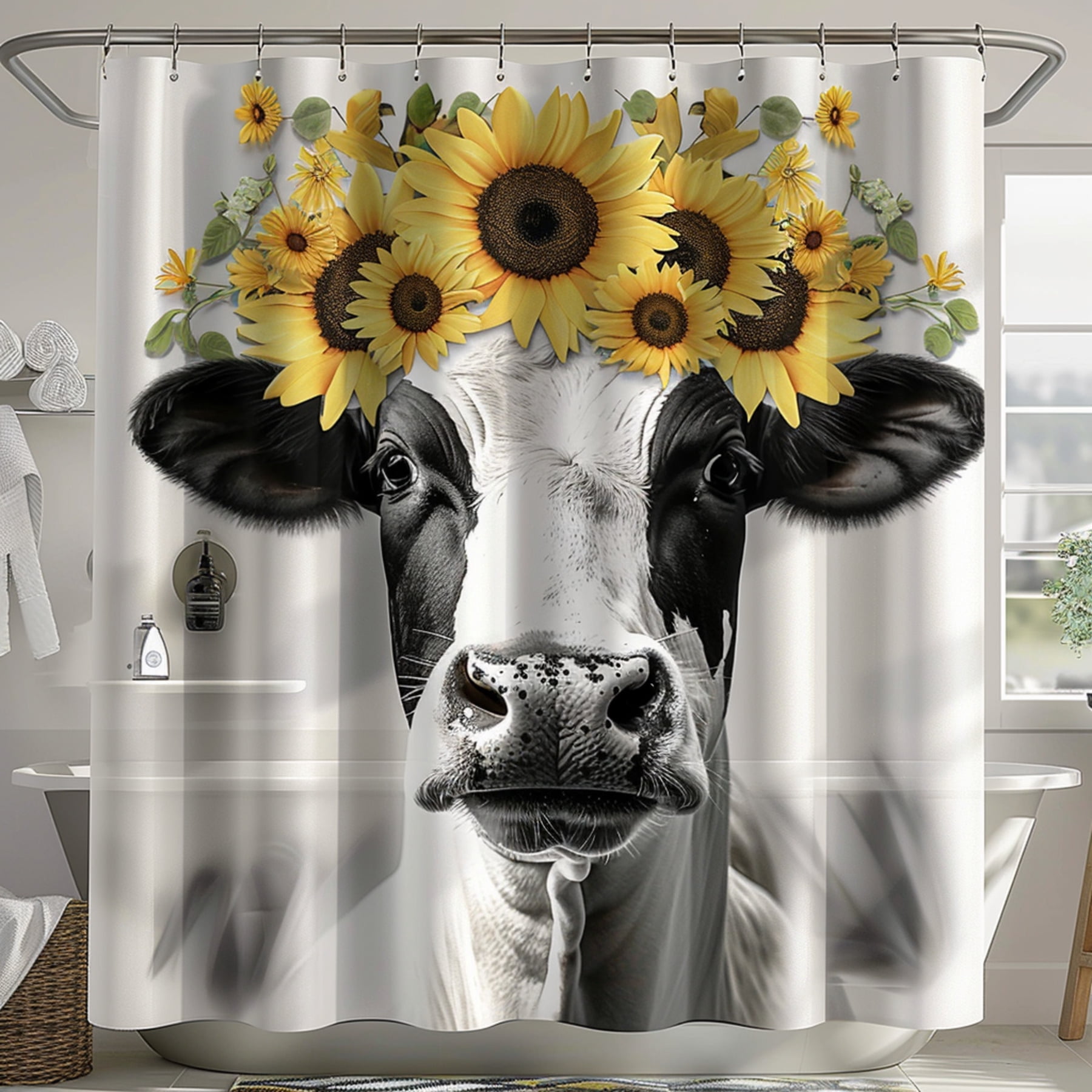Sunflower Cow Shower Curtain Grey and White Bathroom Decor with Black ...