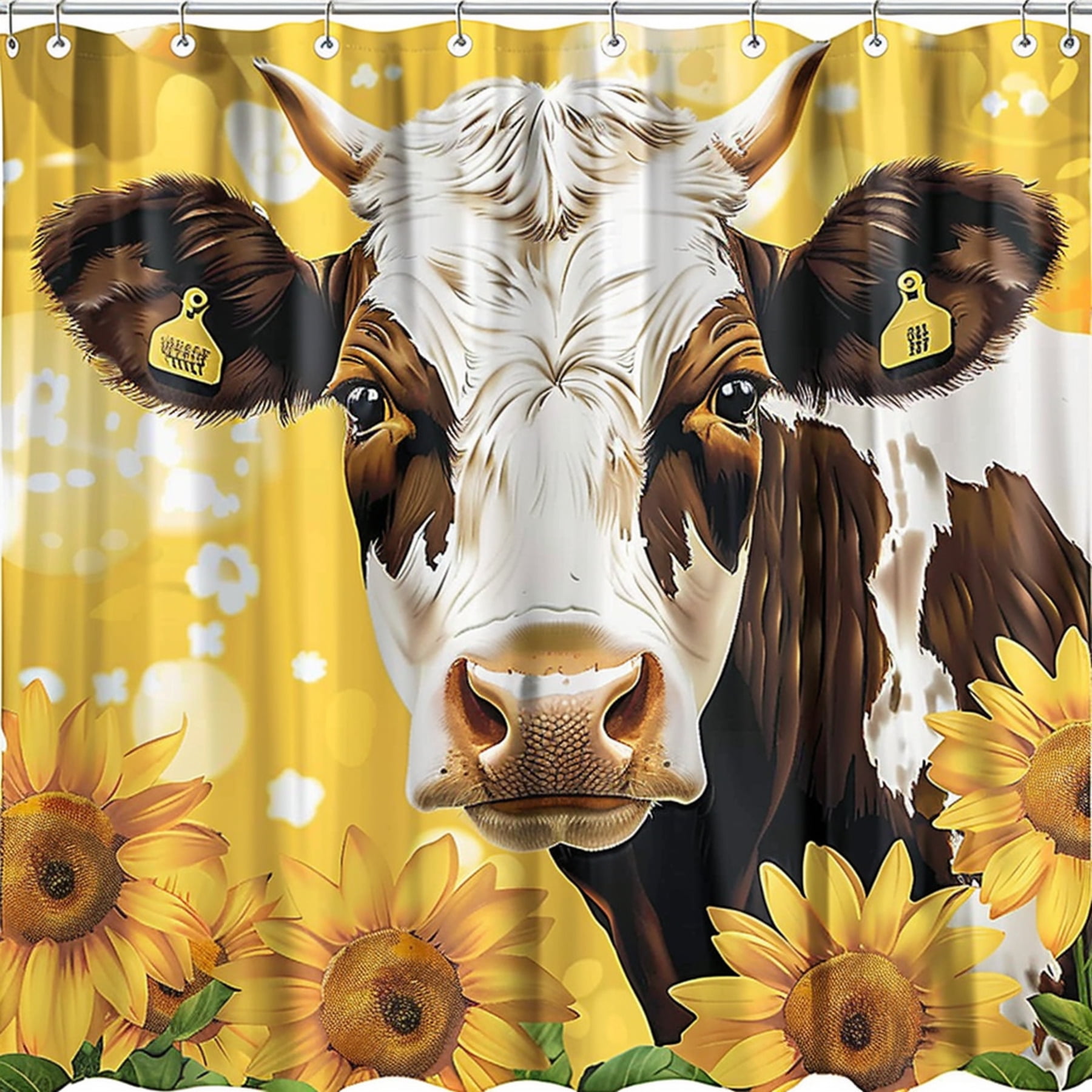 Sunflower Cow Shower Curtain with Black Trim and Yellow Background Cute ...