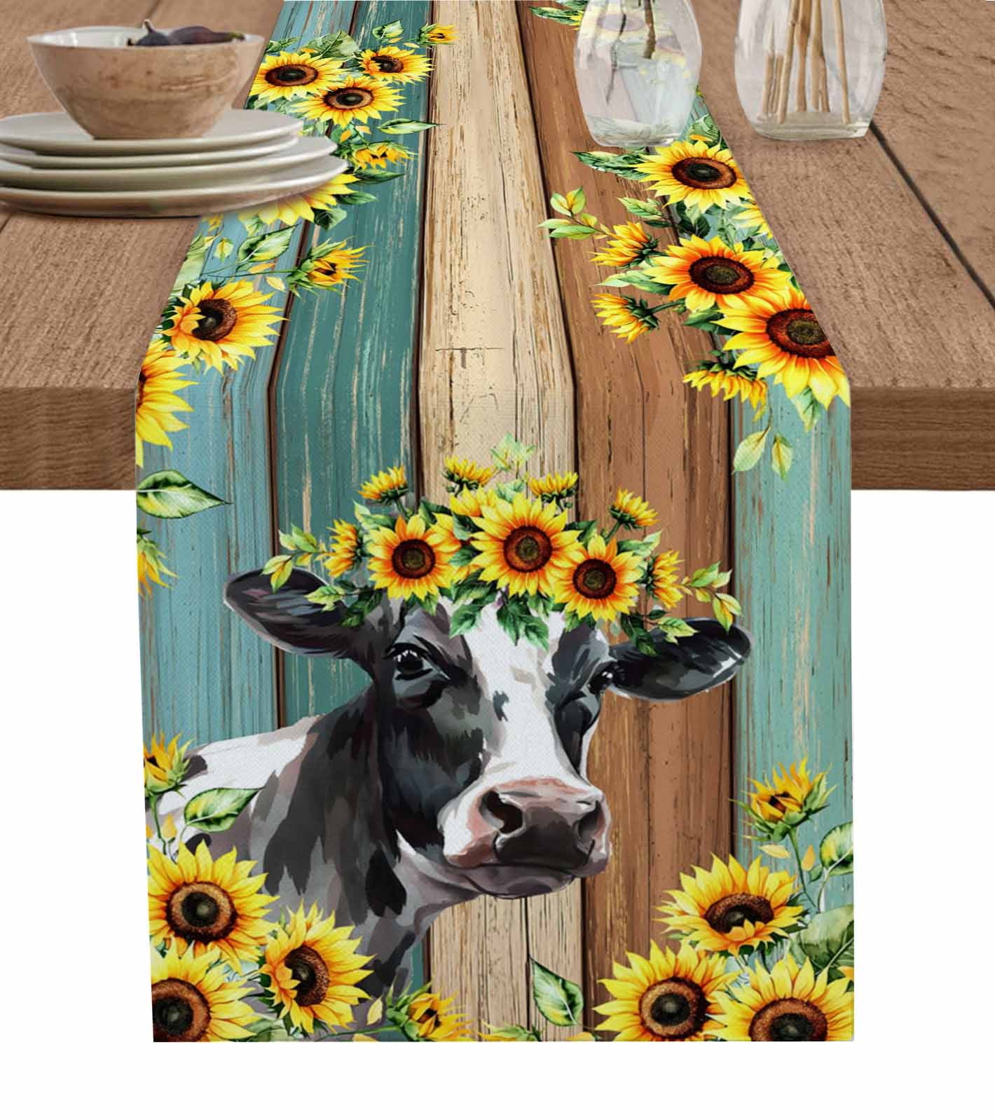 Sunflower Cow Table Runner 120 Inches, Rustic Teal Brown Farmhouse Wood ...