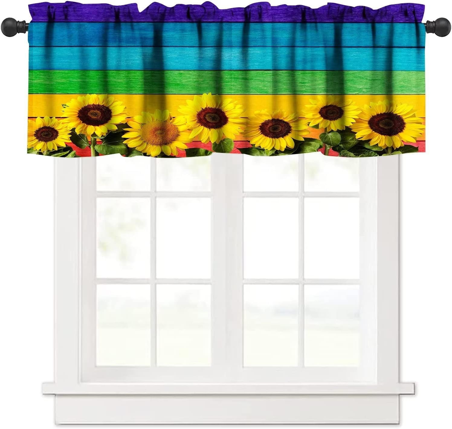 Sunflower Curtain Valance, Country Sunflower on Rustic Colorful Wood ...