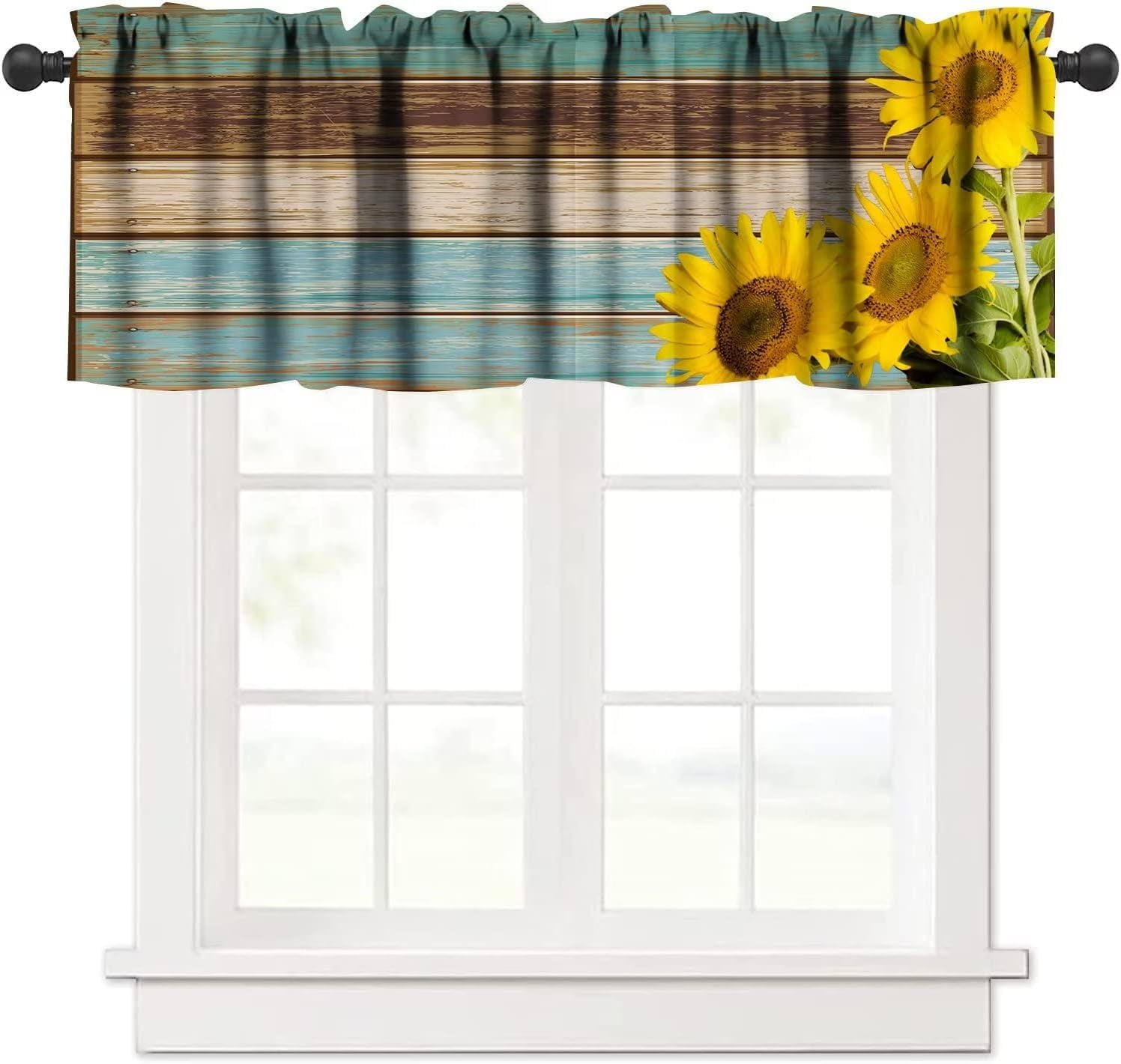 Sunflower Curtain Valances for Windows, Rustic Style Sunflower Teal ...
