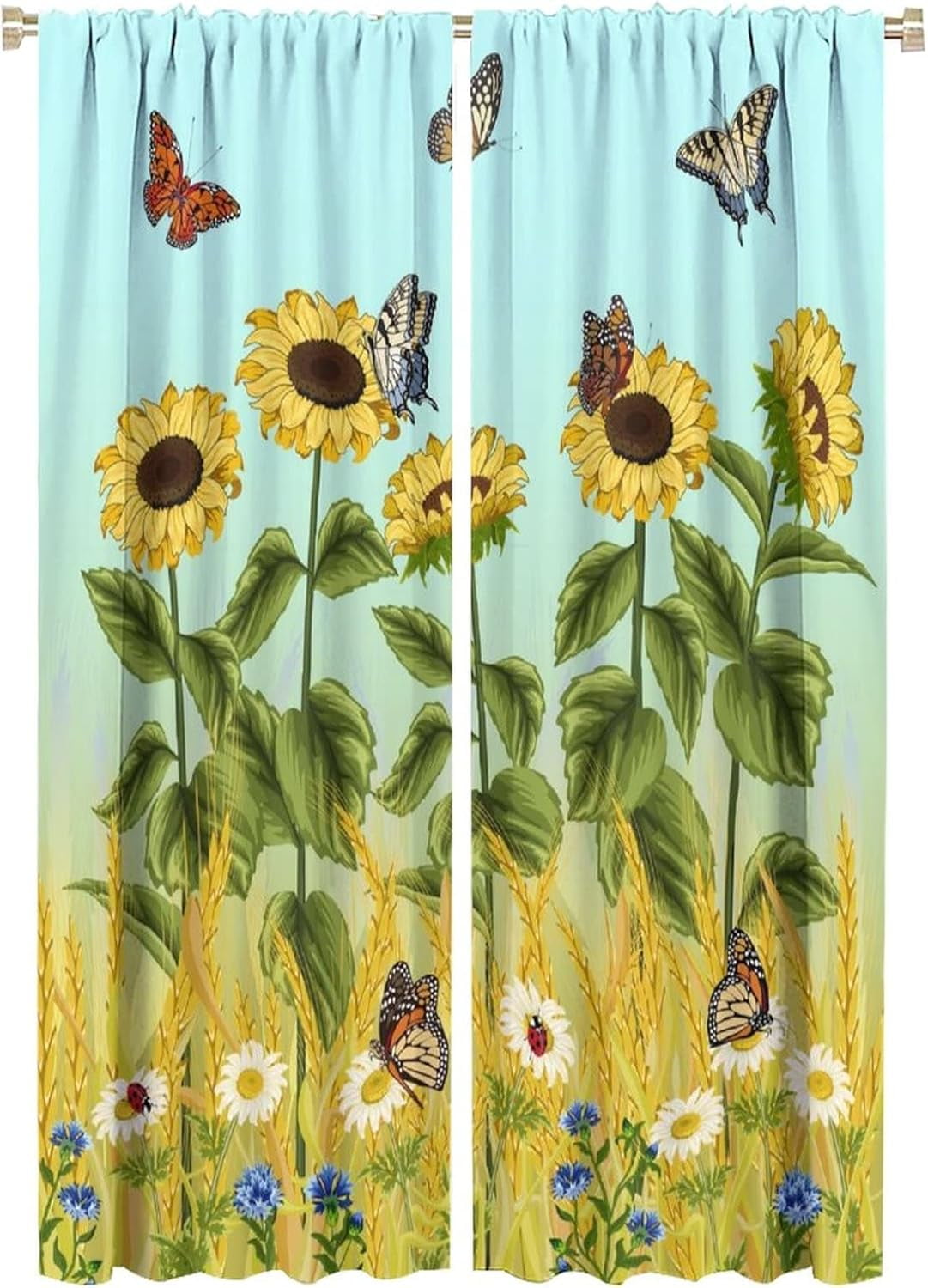 Sunflower Curtains Butterfly Natural Scenery Floral Landscape Butterfly ...