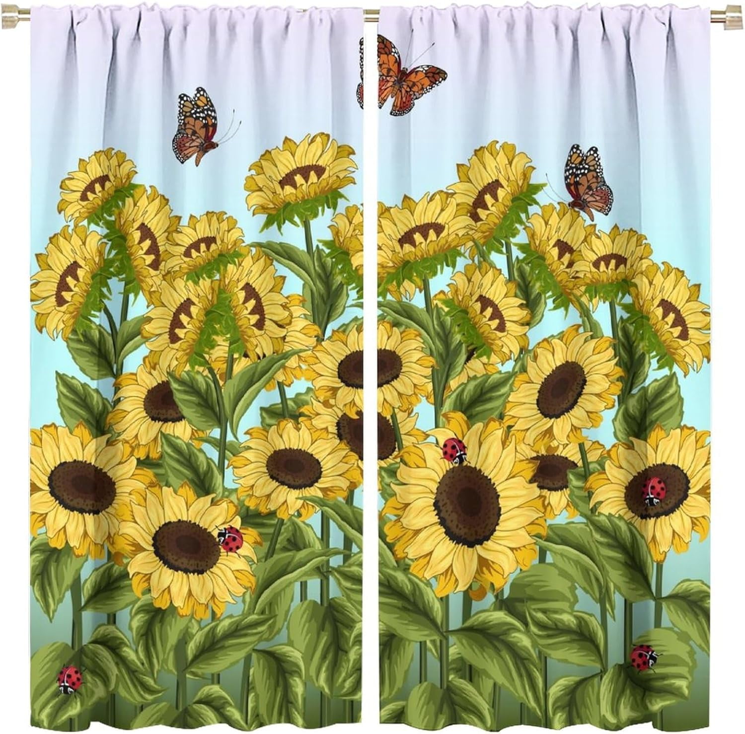 Sunflower Curtains Natural Scenery Flower Plant Butterfly Rod Pocket ...