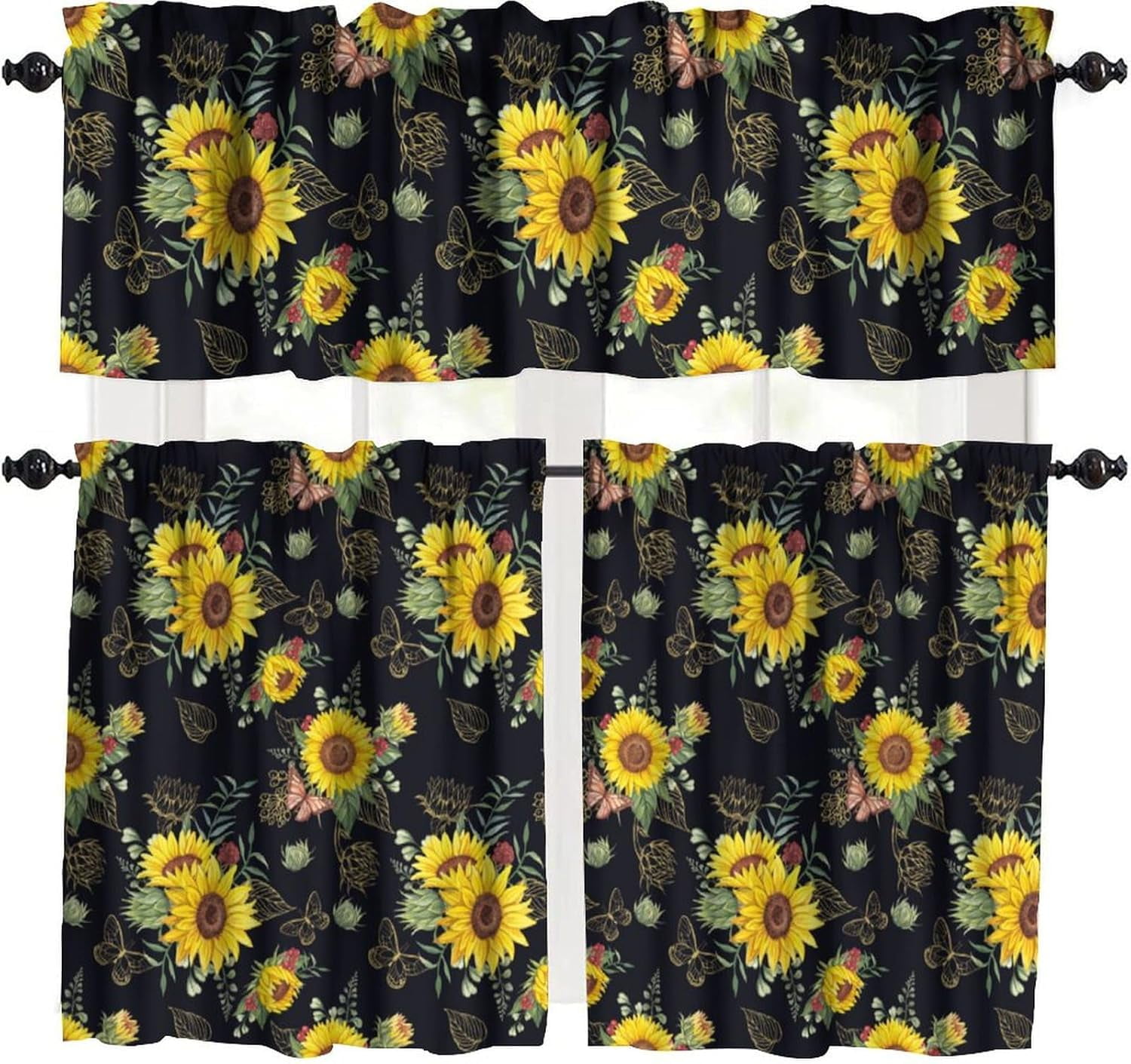 Sunflower Curtains Valances Set 3 Pcs,Farmhouse Rustic County Style ...