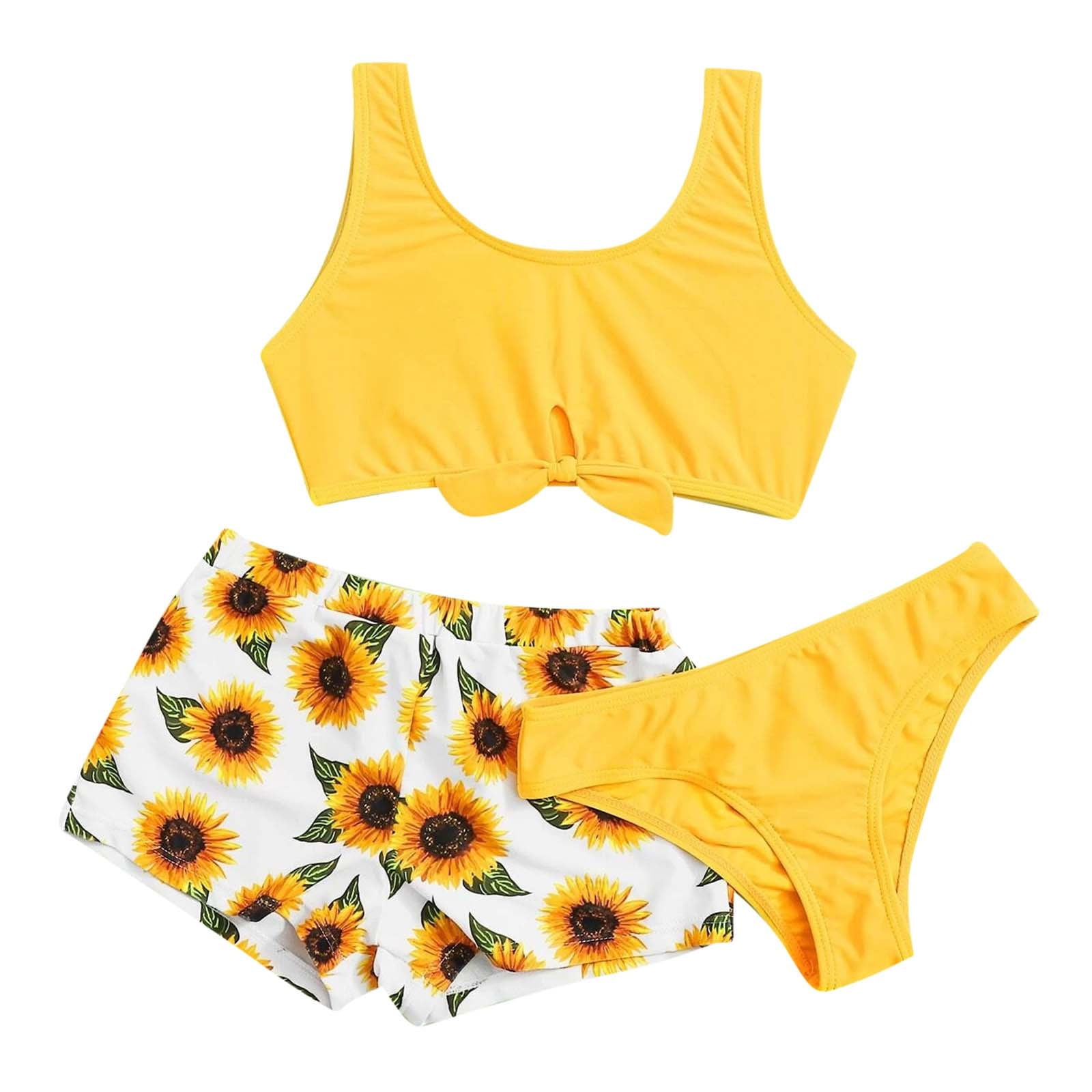 Sunflower Cute Print Girls Swimwear Girls Swimsuit Summer Floral Three Piece Bikini Shorts Set