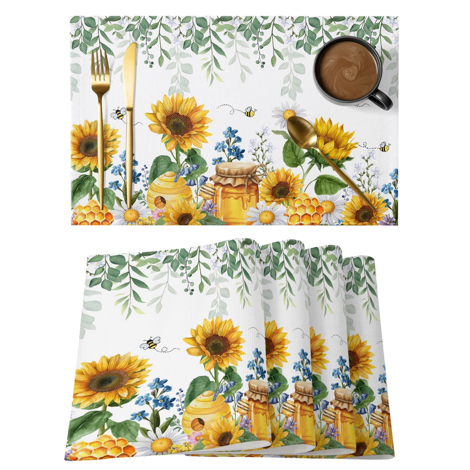 Sunflower Daisy Cotton Linen Placemats Set of 4, Green Eucalyptus ...