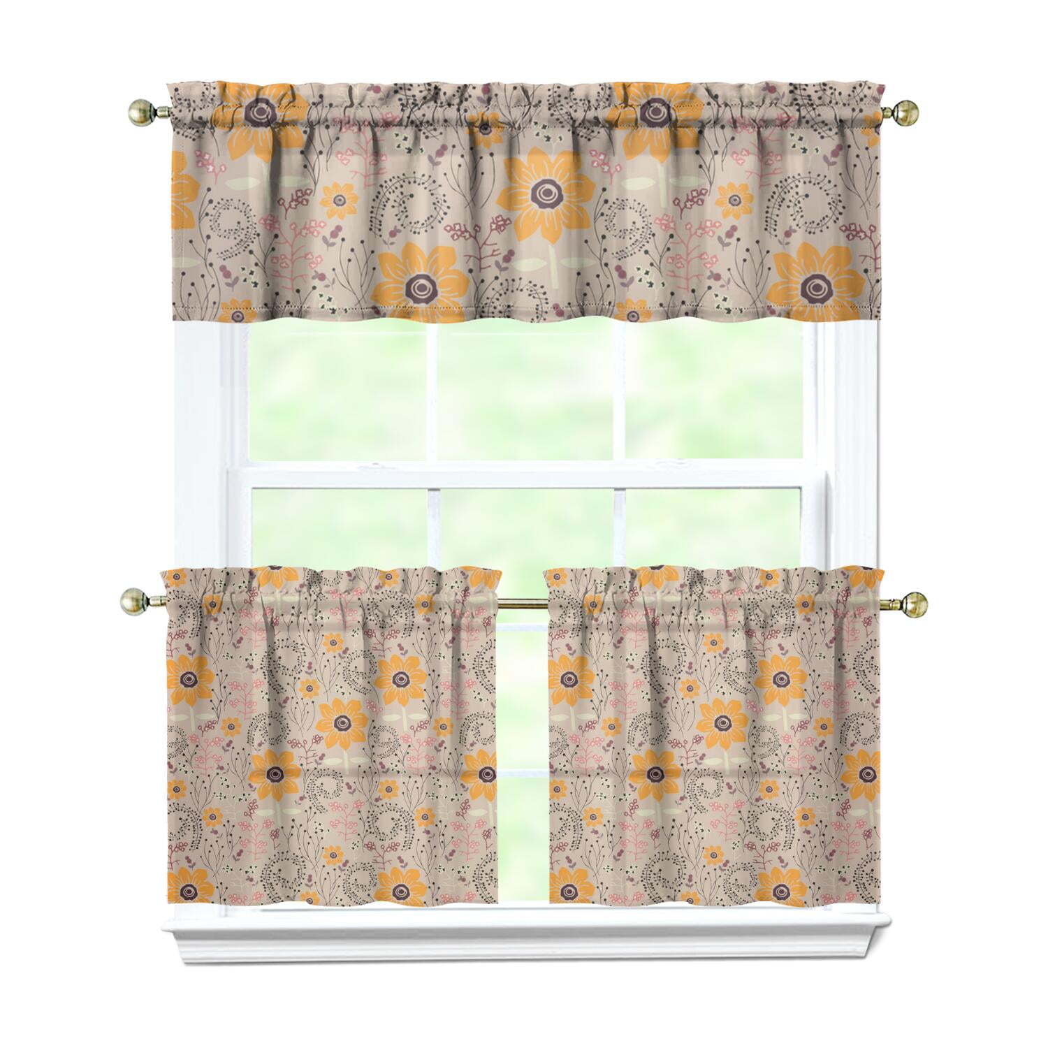 Sunflower & Daisy Kitchen Curtains Set - 3 Piece Rod Pocket Tier Curtains for Caf - Walmart.com