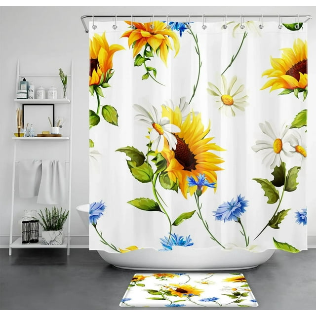 Sunflower And Daisy Shower Curtain Set Rustic Bathroom Decor
