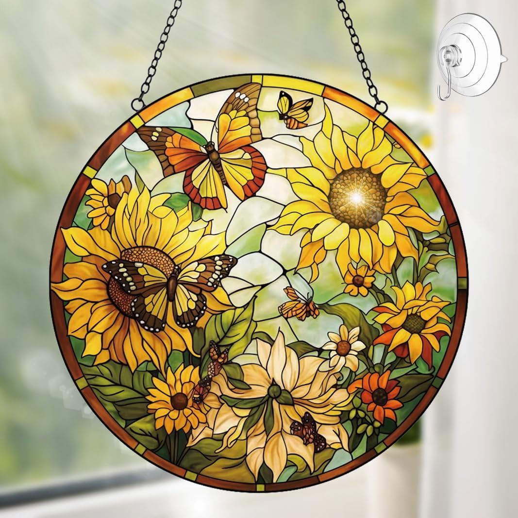 Sunflower Decor Suncatcher Stained Glass Window Hanging - Butterfly ...