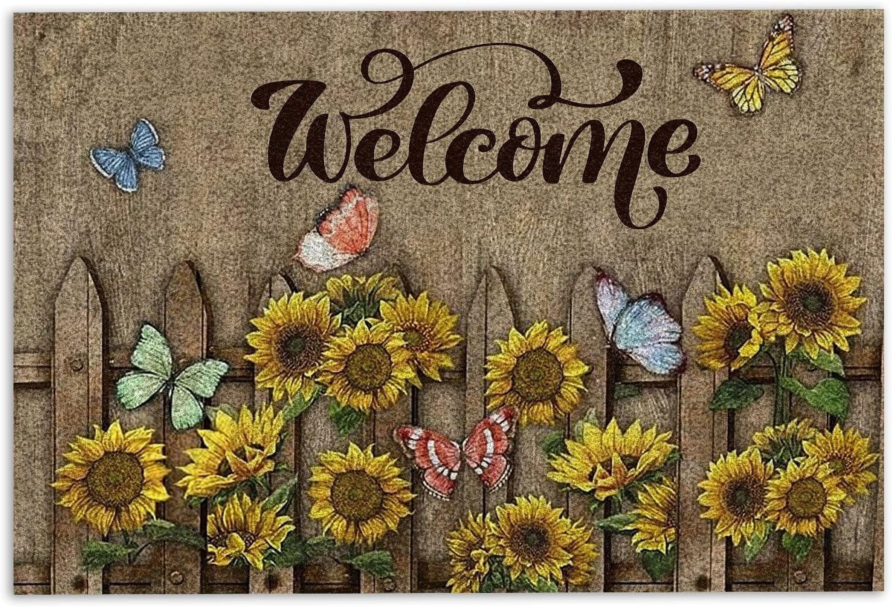 Sunflower Door Mat Butterfly Sunflower Garden Floral Welcome Farm House ...