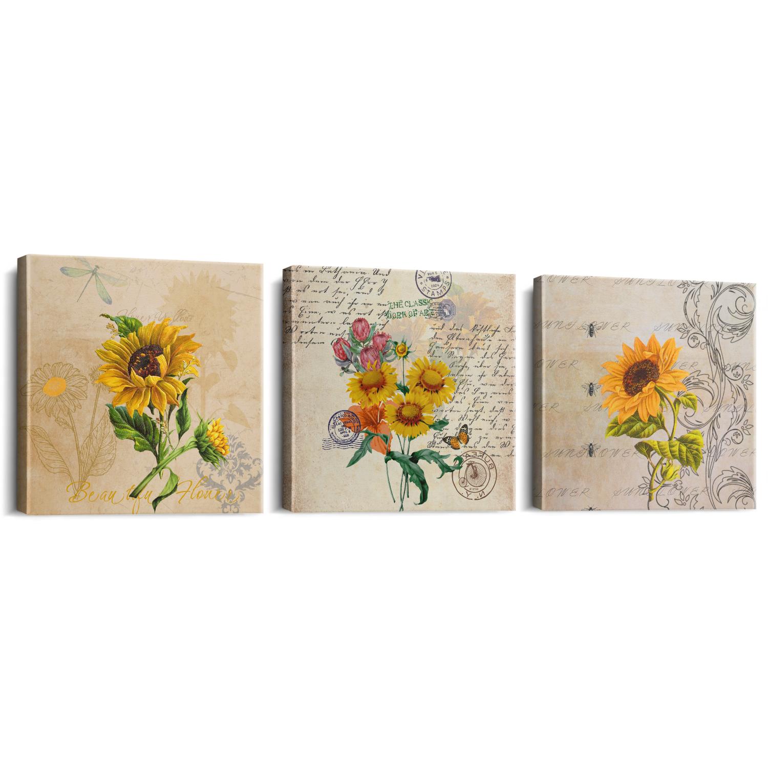 Sunflower Dragonfly Retro Wart Art,3 Pieces Romantic Wallpainting with ...