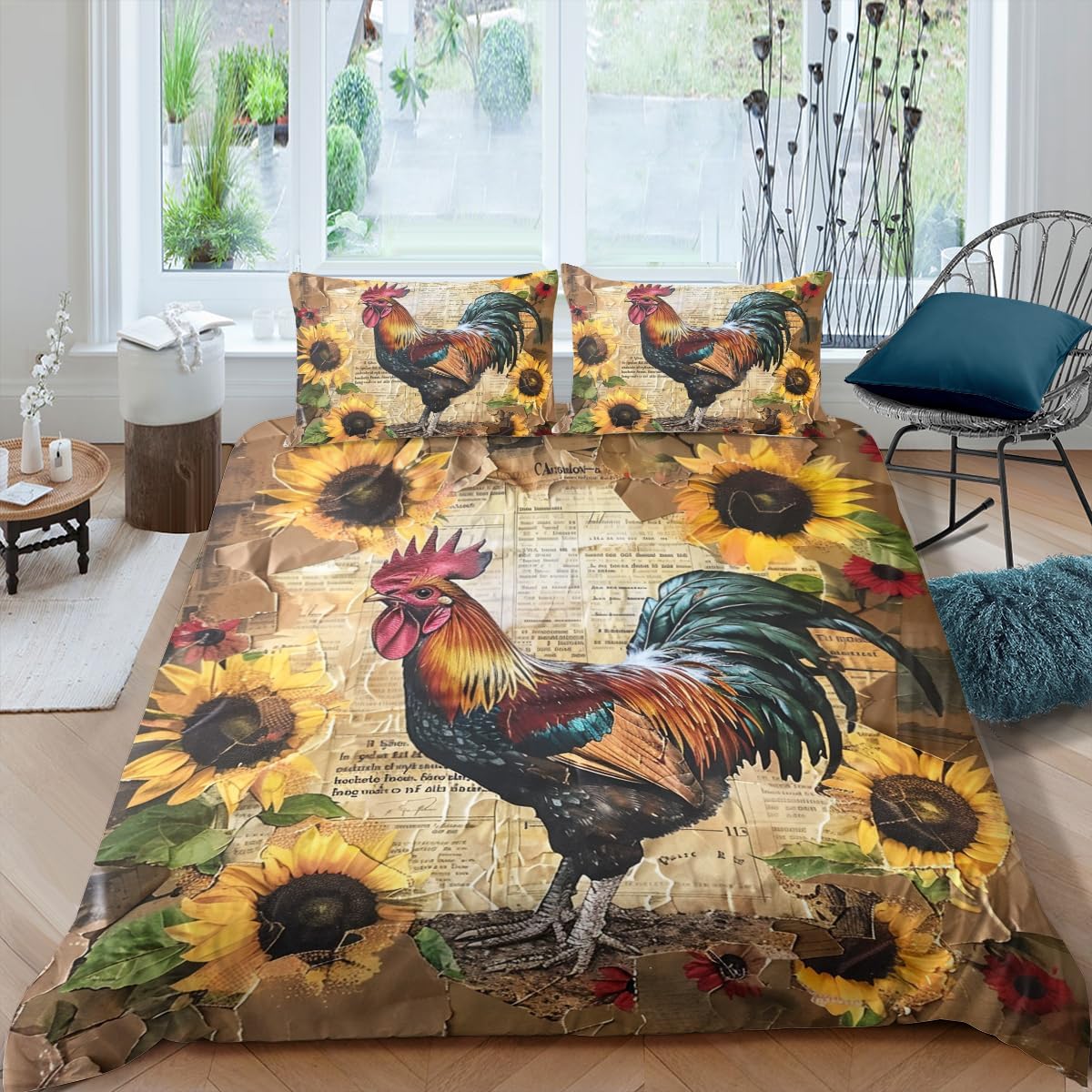 Sunflower Duvet Cover Rooster Bedding Sets Farmhouse Animal Bed Sets ...