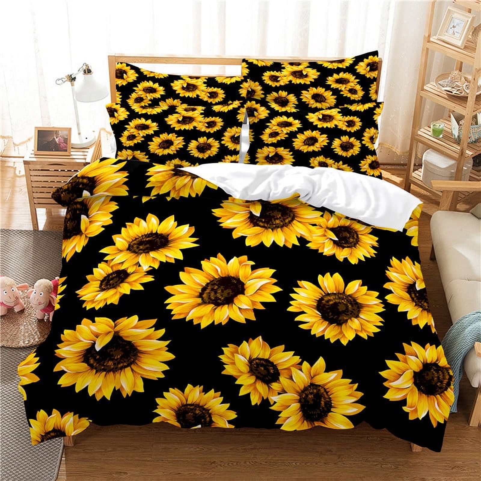 Sunflower Duvet Cover Set 3-Piece Floral Down Quilt Cover Full Size ...