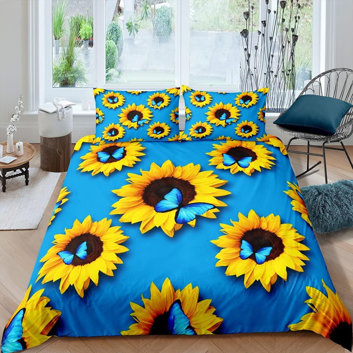 Sunflower Duvet Cover Set 3piece Bedding Set Botanical Floral Leaves