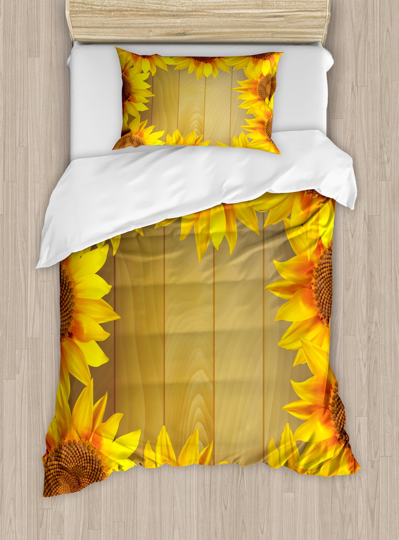 Sunflower Duvet Cover Set, Sunflower Arranged in a Circle on a Wooden ...