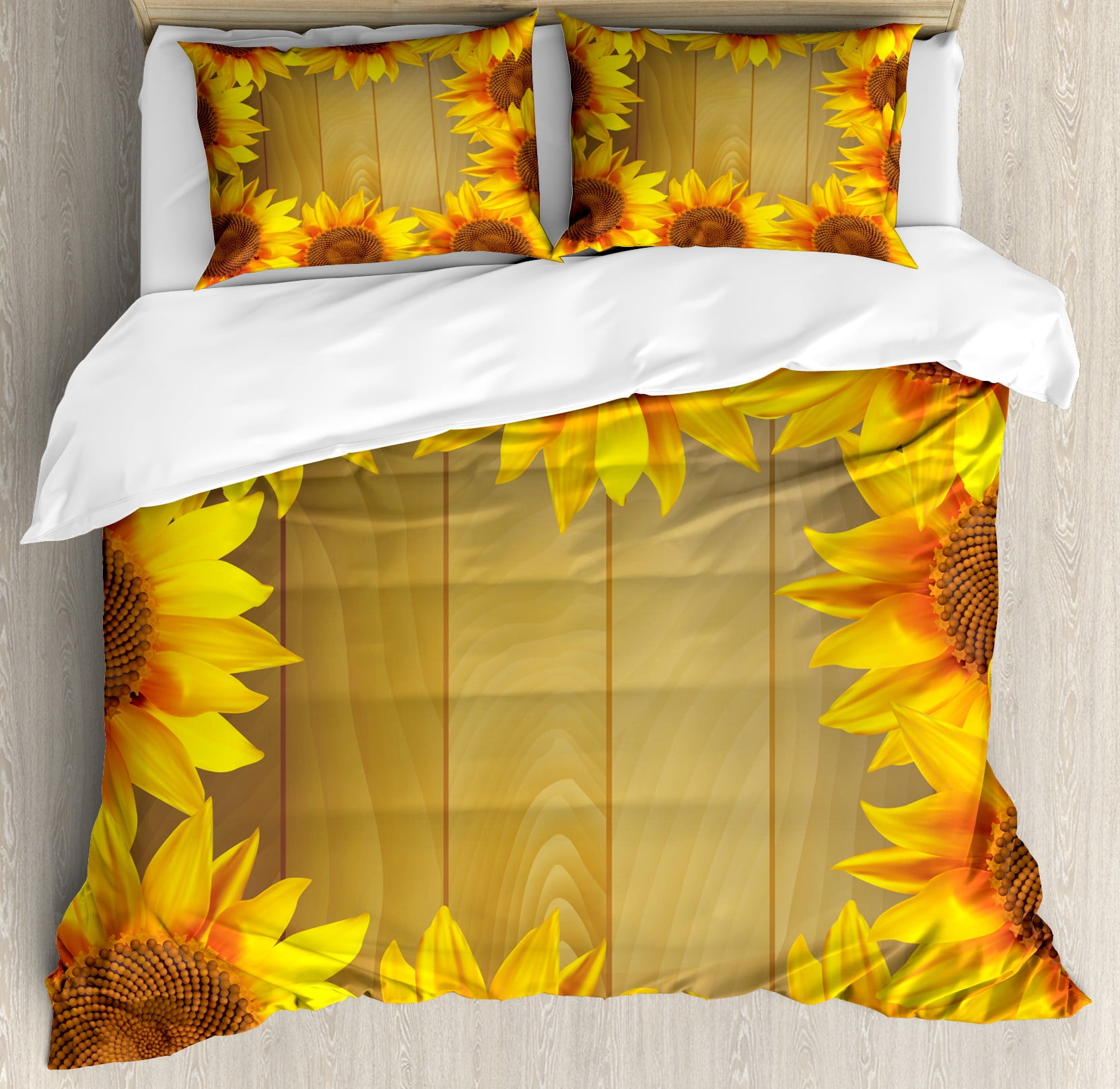 Sunflower Duvet Cover Set, Sunflower Arranged in a Circle on a Wooden ...