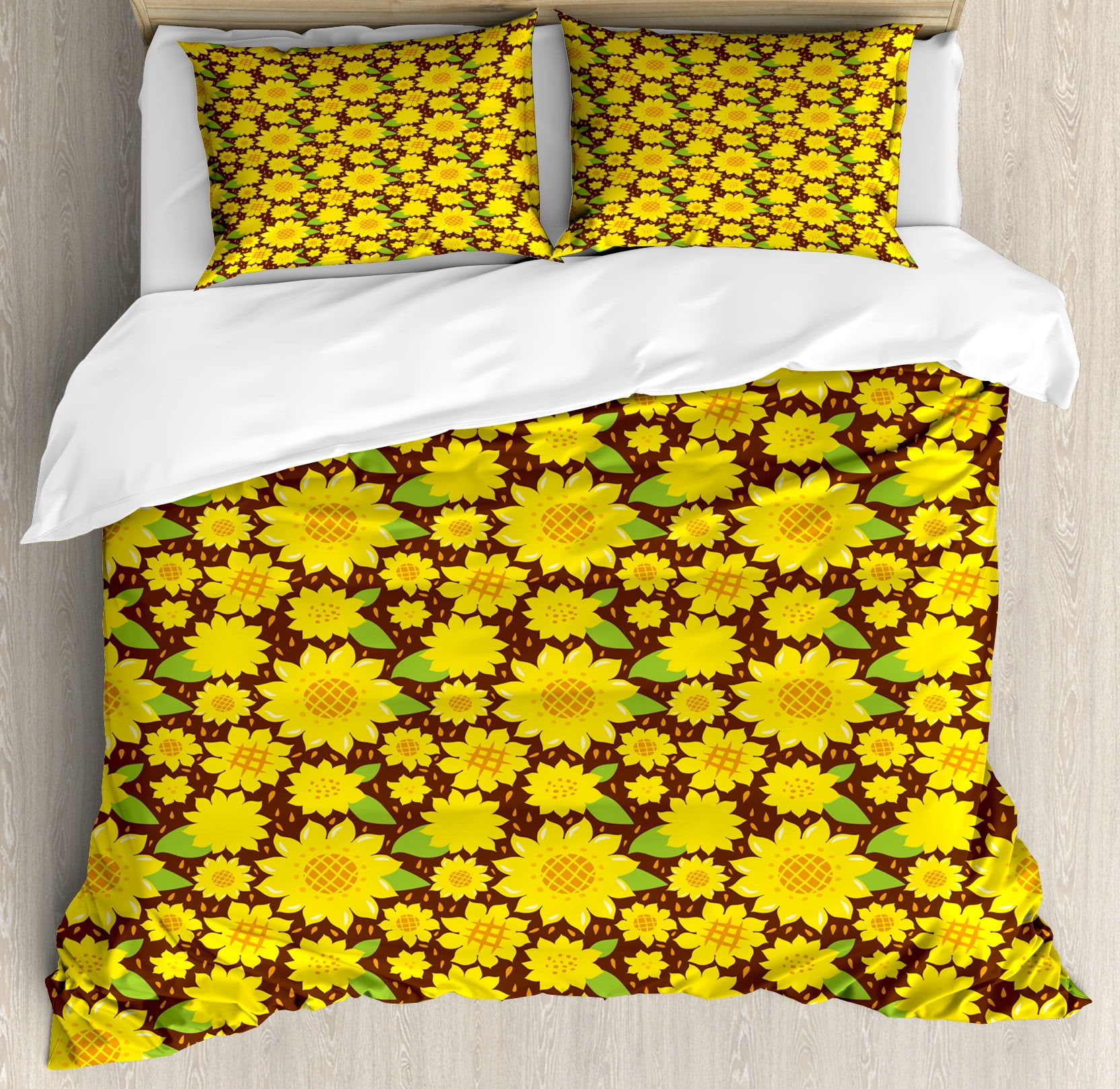 Sunflower Duvet Cover Set, Continuous Pattern with Simplistic Cartoon ...