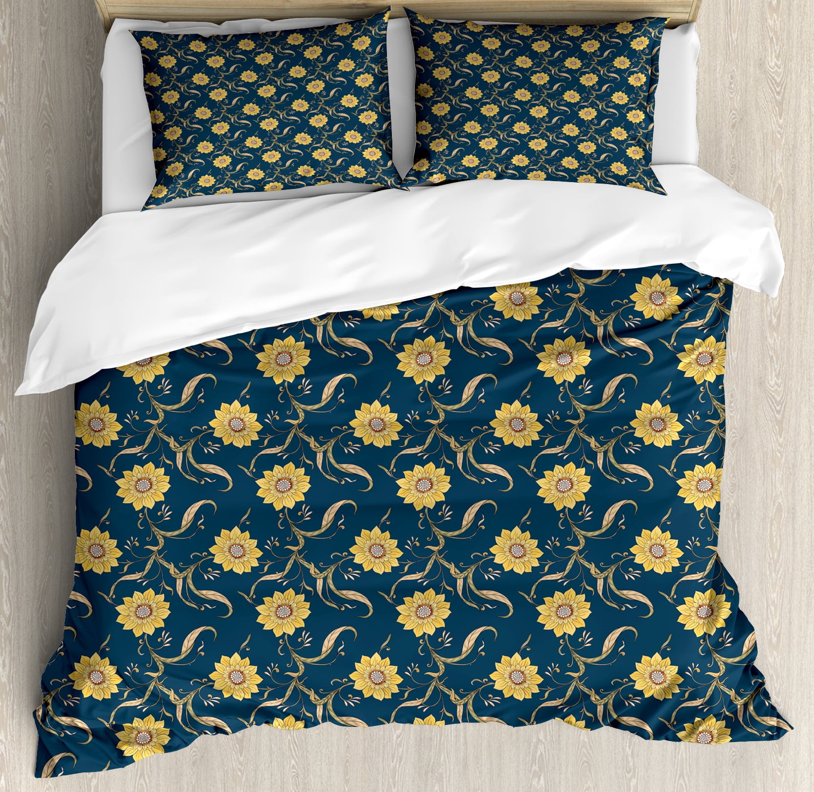 Sunflower Duvet Cover Set, Helianthus Floral Wild Pointy Petals ...