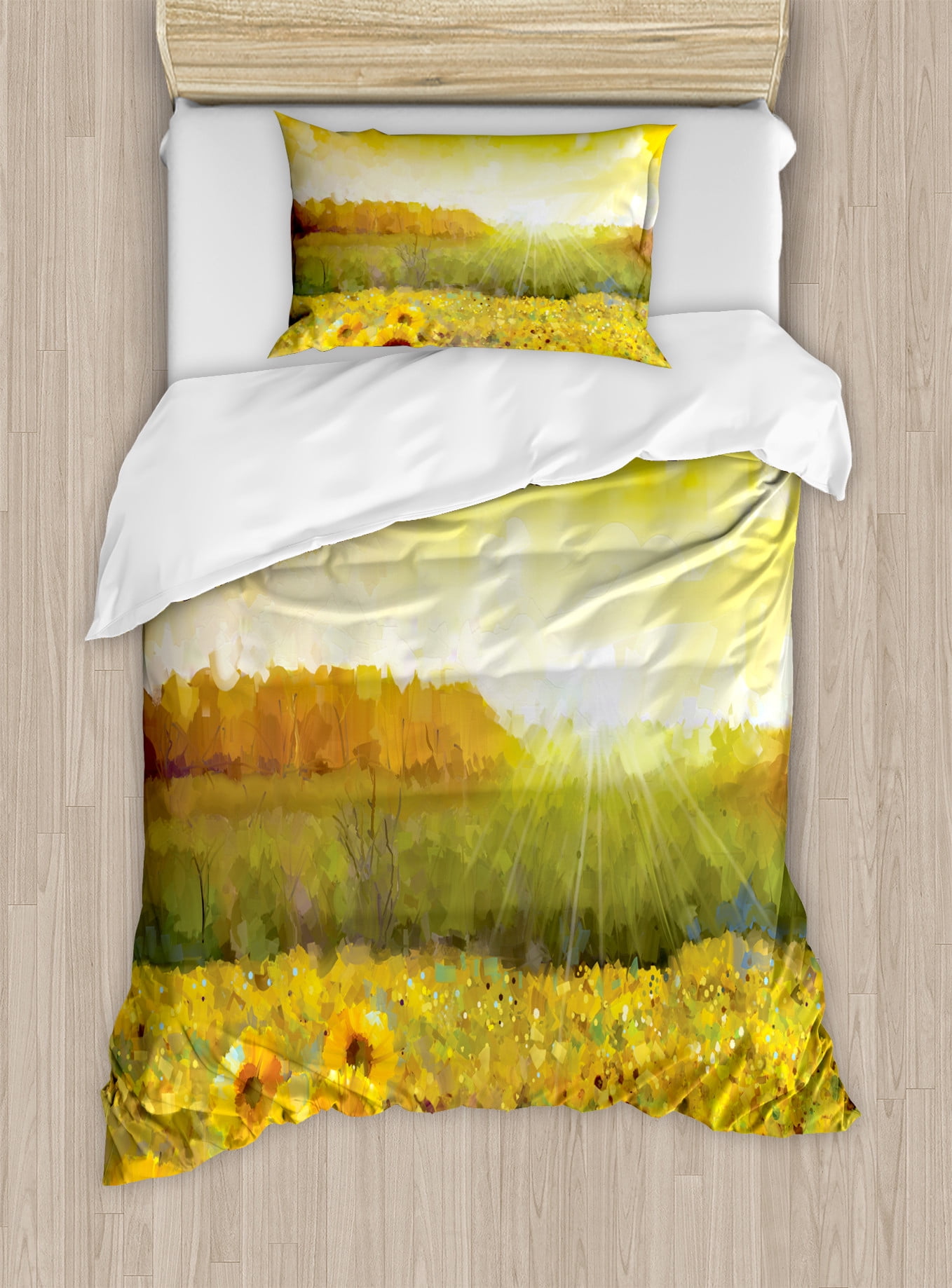 Sunflower Duvet Cover Set, Landscape a Golden Yellow Field and Distant ...