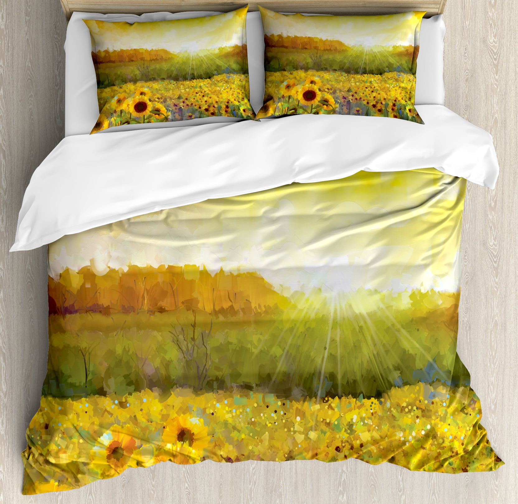Sunflower Duvet Cover Set, Landscape a Golden Yellow Field and Distant ...