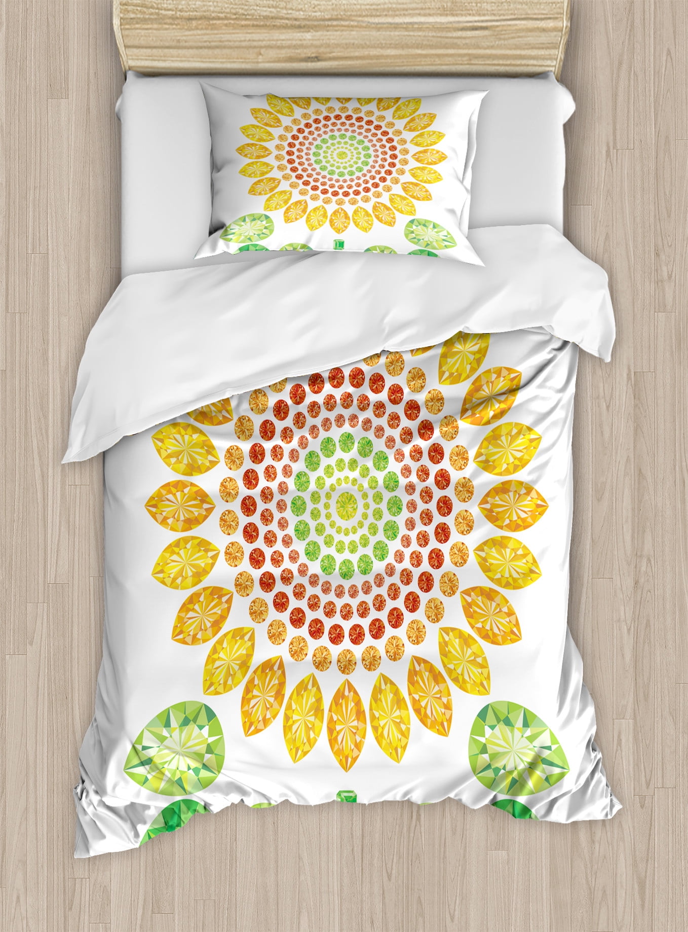 Sunflower Duvet Cover Set, Round Flower Mandala Design Diamond and ...
