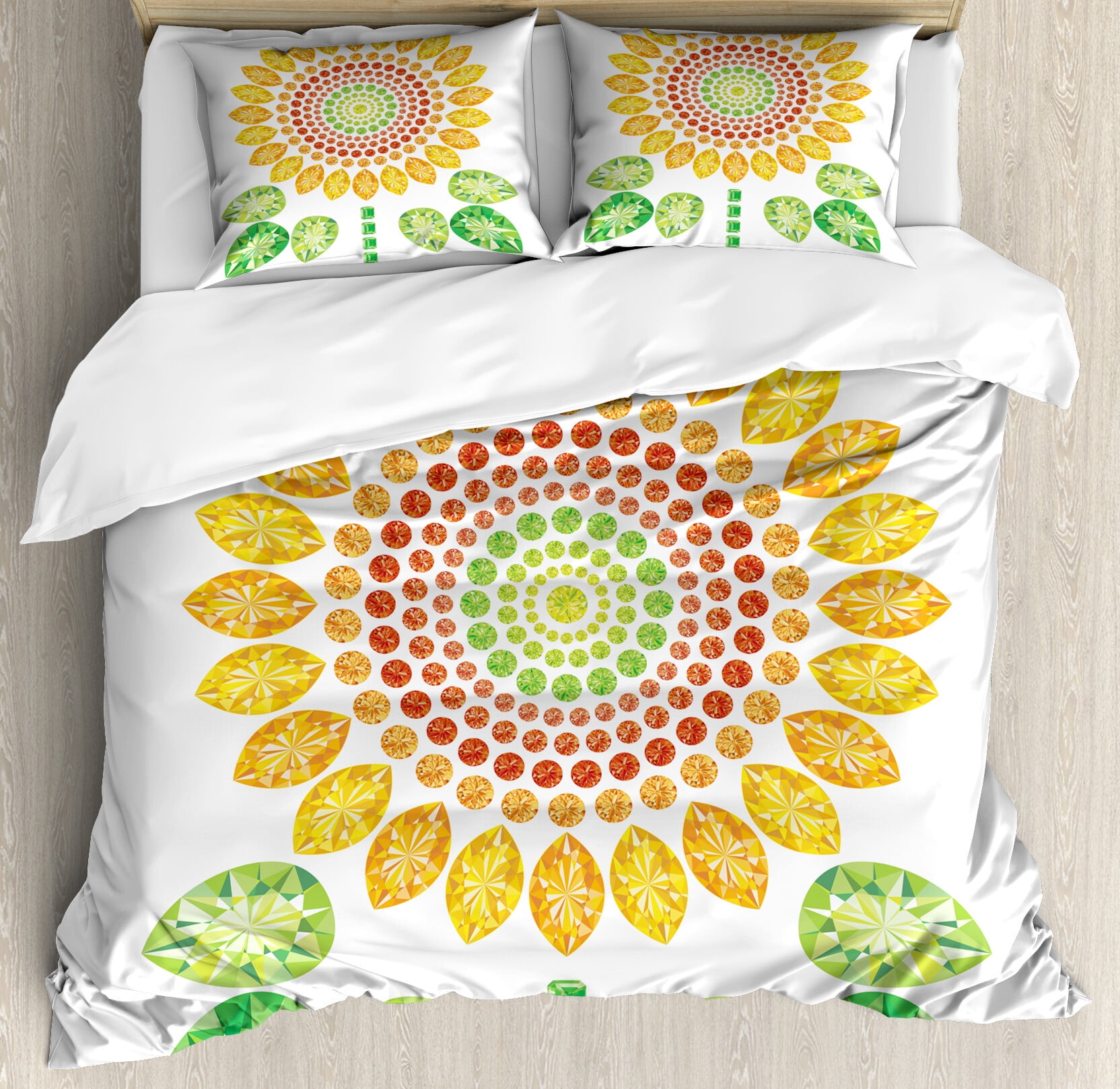 Sunflower Duvet Cover Set, Round Flower Mandala Design Diamond and ...