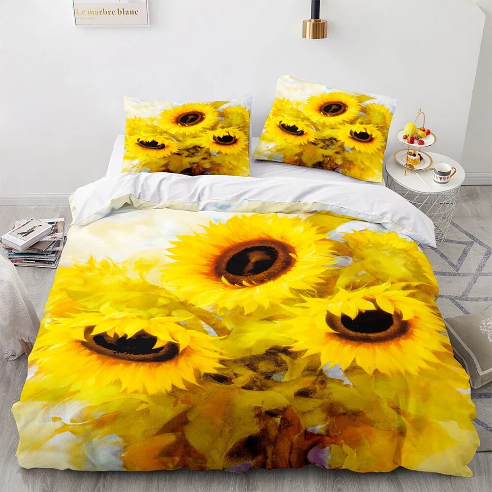 Sunflower Duvet Cover Set Yellow Flowers Gre Leaves Cloud Tree King ...