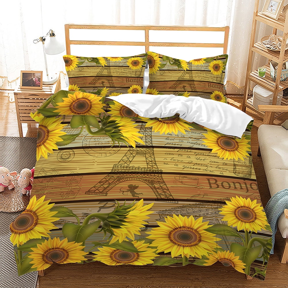 Sunflower Duvet Cover Sets King Size Rustic Farmhouse Bee Bedding Set