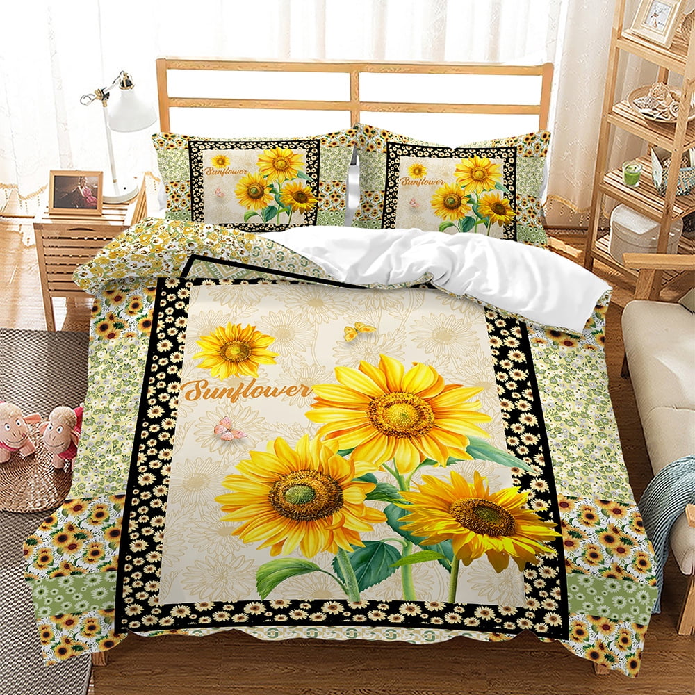 Sunflower Duvet Cover Sets King Size Rustic Farmhouse Bee Bedding Set